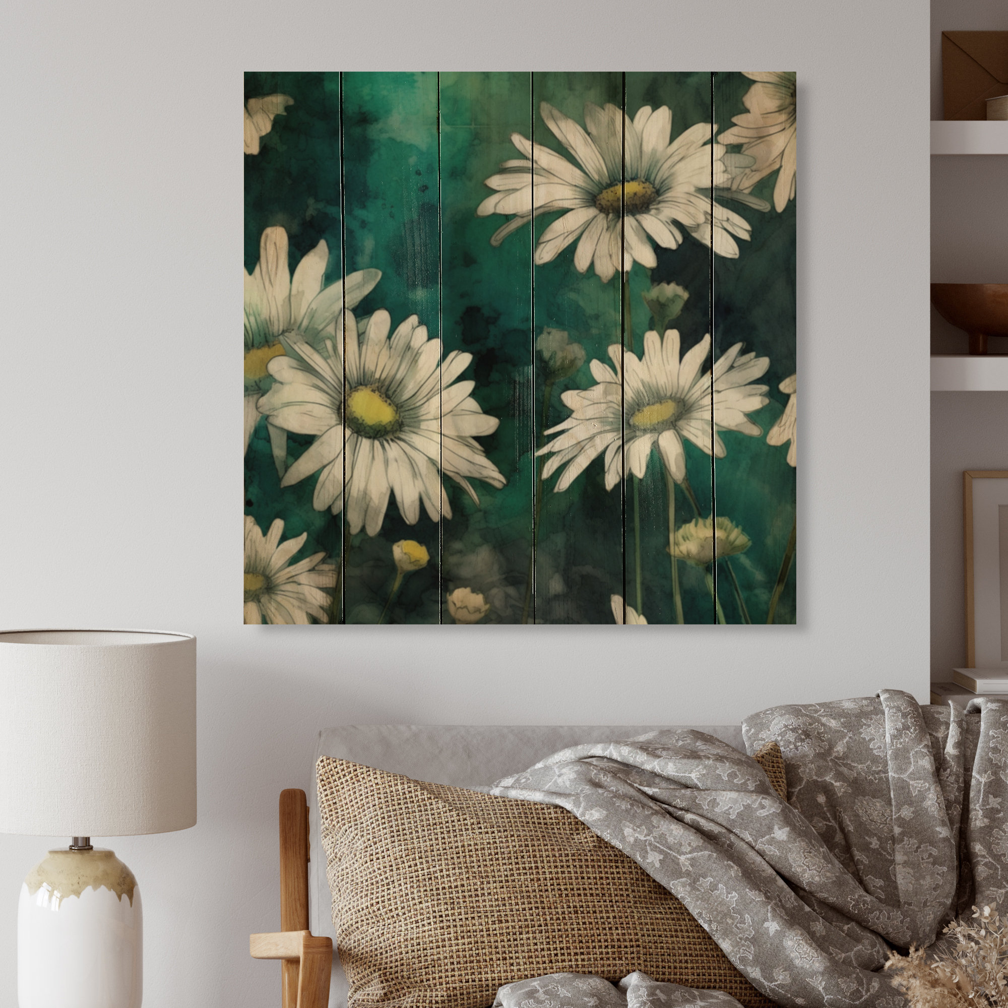 Red Barrel Studio® Kaylib White Teal Daisy Flower Fusion On Wood Print ...