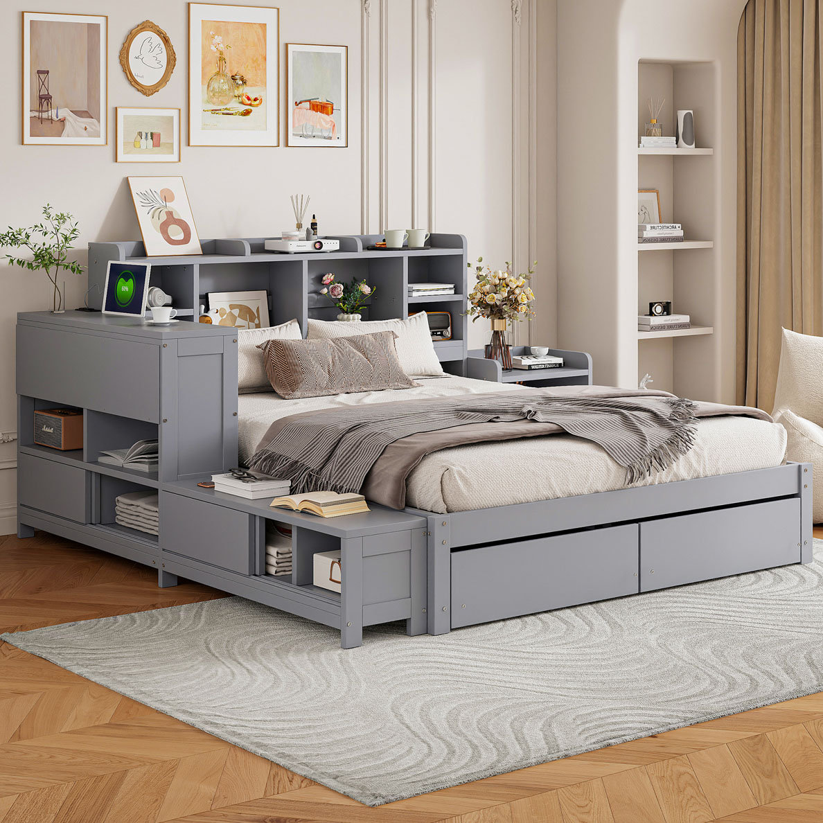 Red Barrel Studio® Wooden Storage Bed with Nightstand, 2 Drawers, USB ...