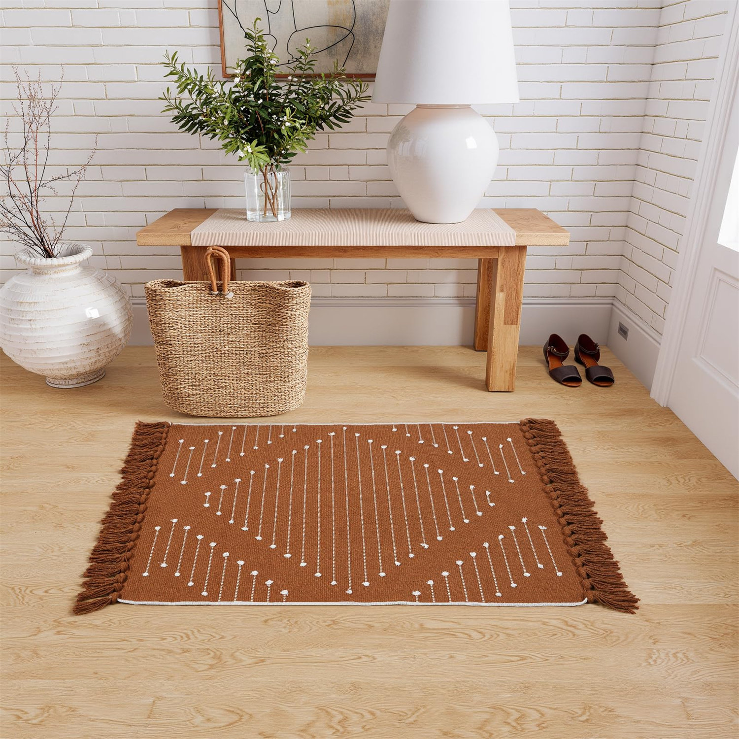 Bungalow Rose Green Small Boho Rug 2'x3' - Cotton Woven Moroccan Mat ...