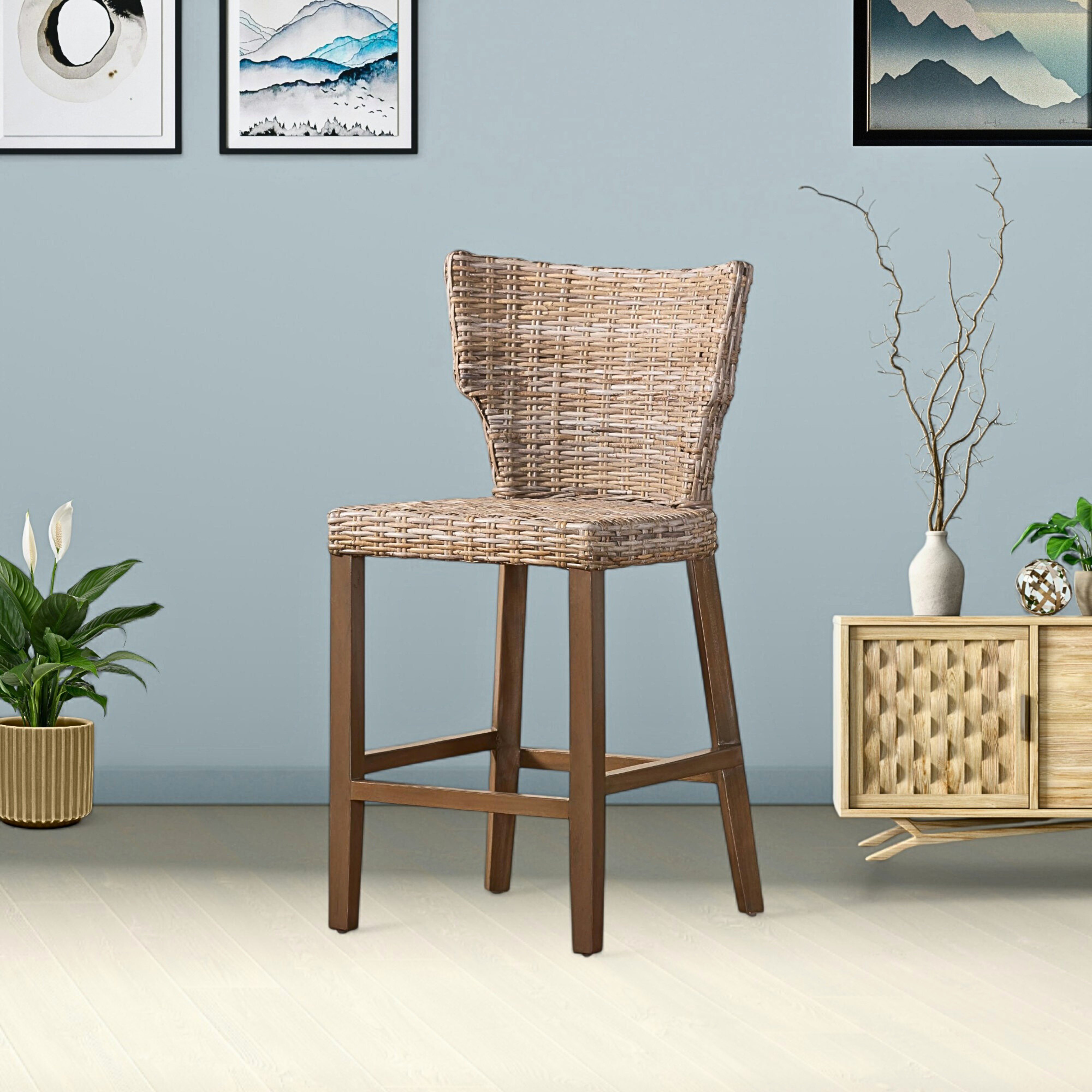 Bay Isle Home™ Harwyn Counter Stool in Grey Kubu Rattan and Mahogany ...
