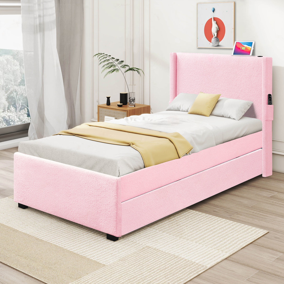 Ebern Designs Pink Twin Size Upholstered Bed Frame with Trundle Bed ...