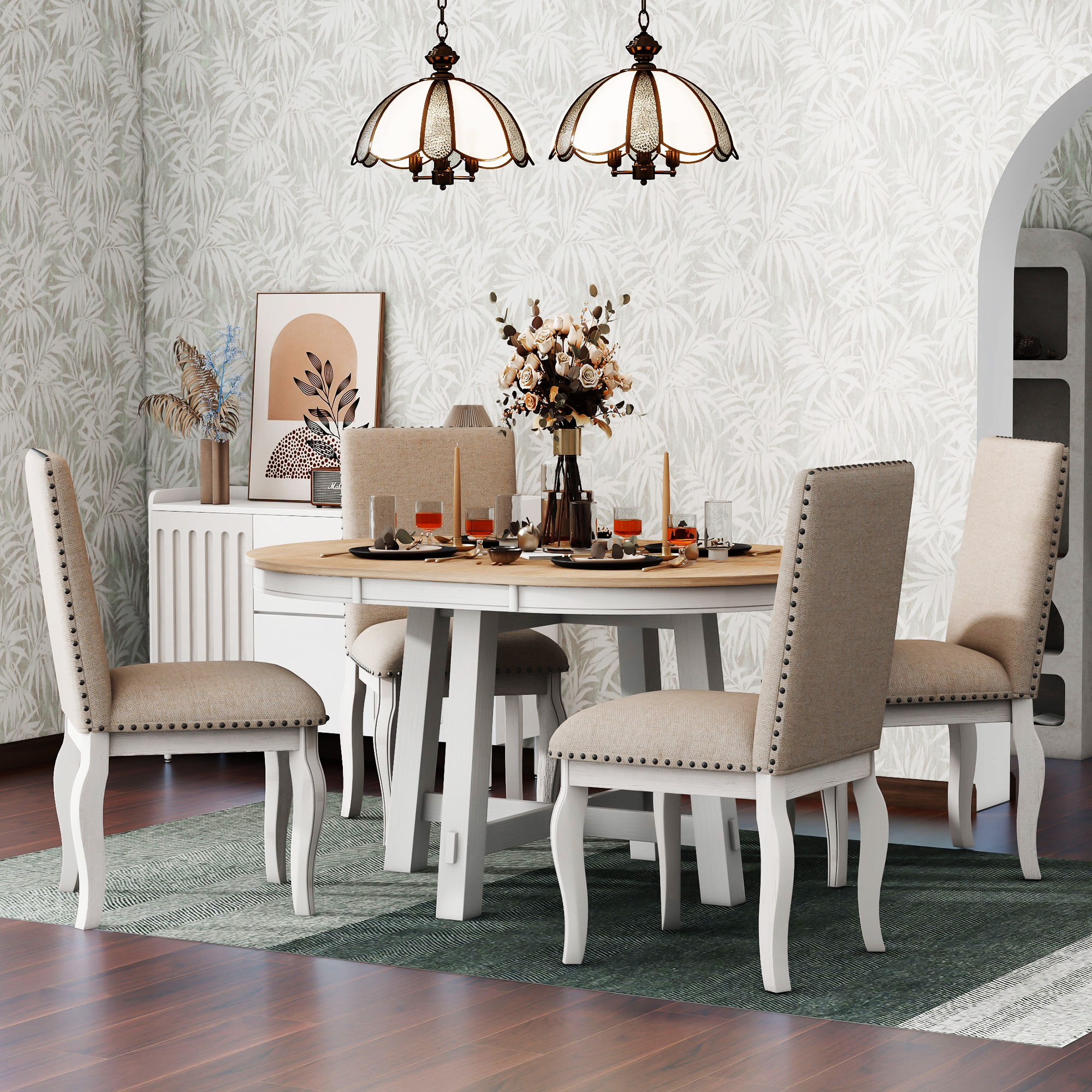 August Grove® 5-Piece Farmhouse Dining Table Set Wood Round Extendable ...