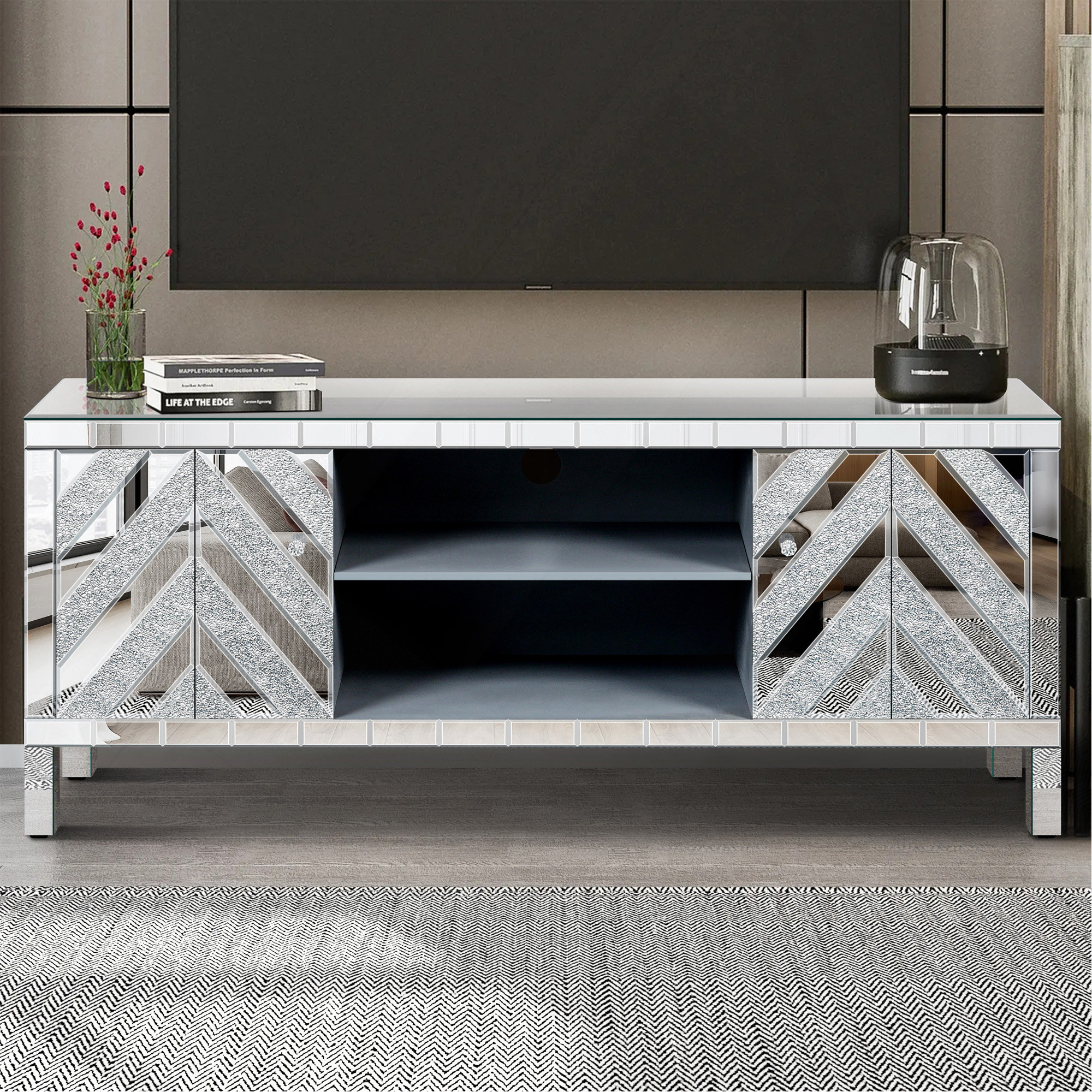 Everly Quinn Tolkyn Glass Faux Wood TV Stand | Wayfair