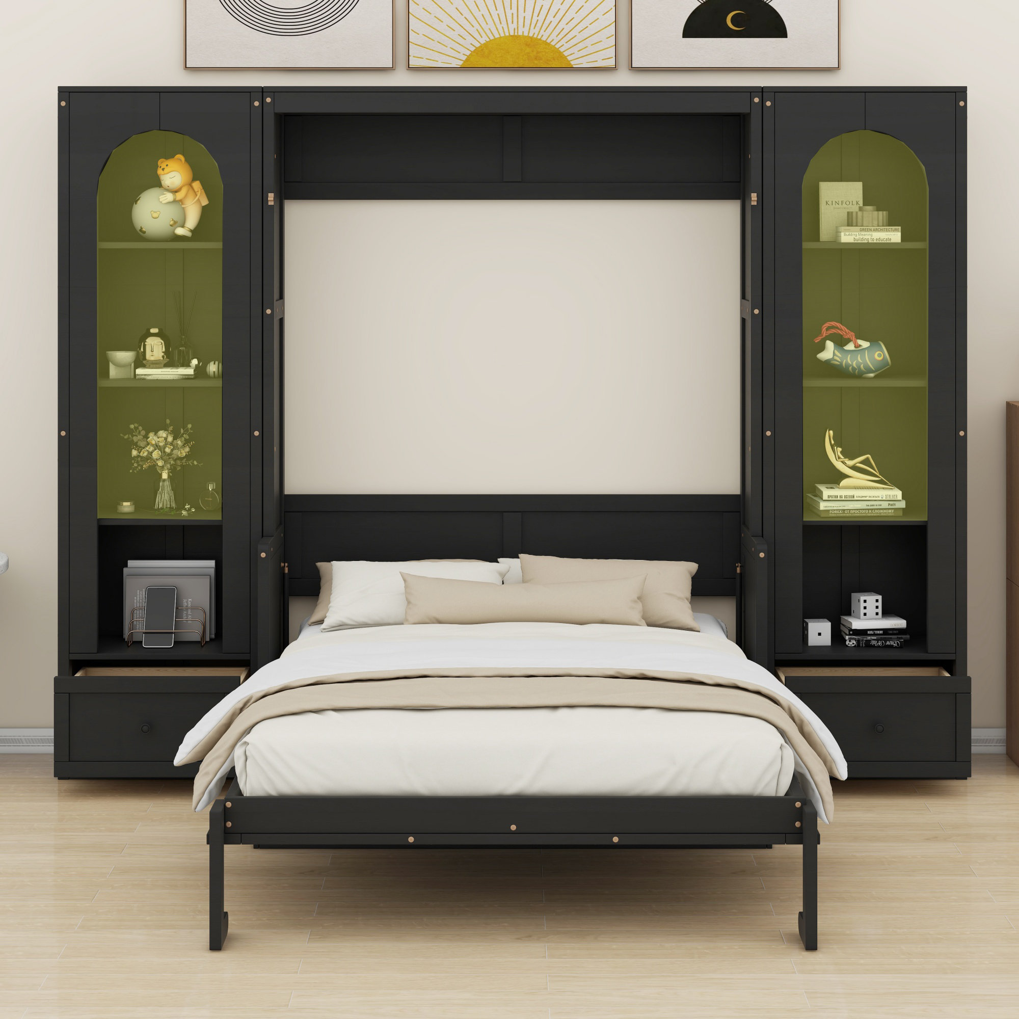 Hokku Designs Murphy Platform Bed With Shelf, Side Cabinets, Drawers ...