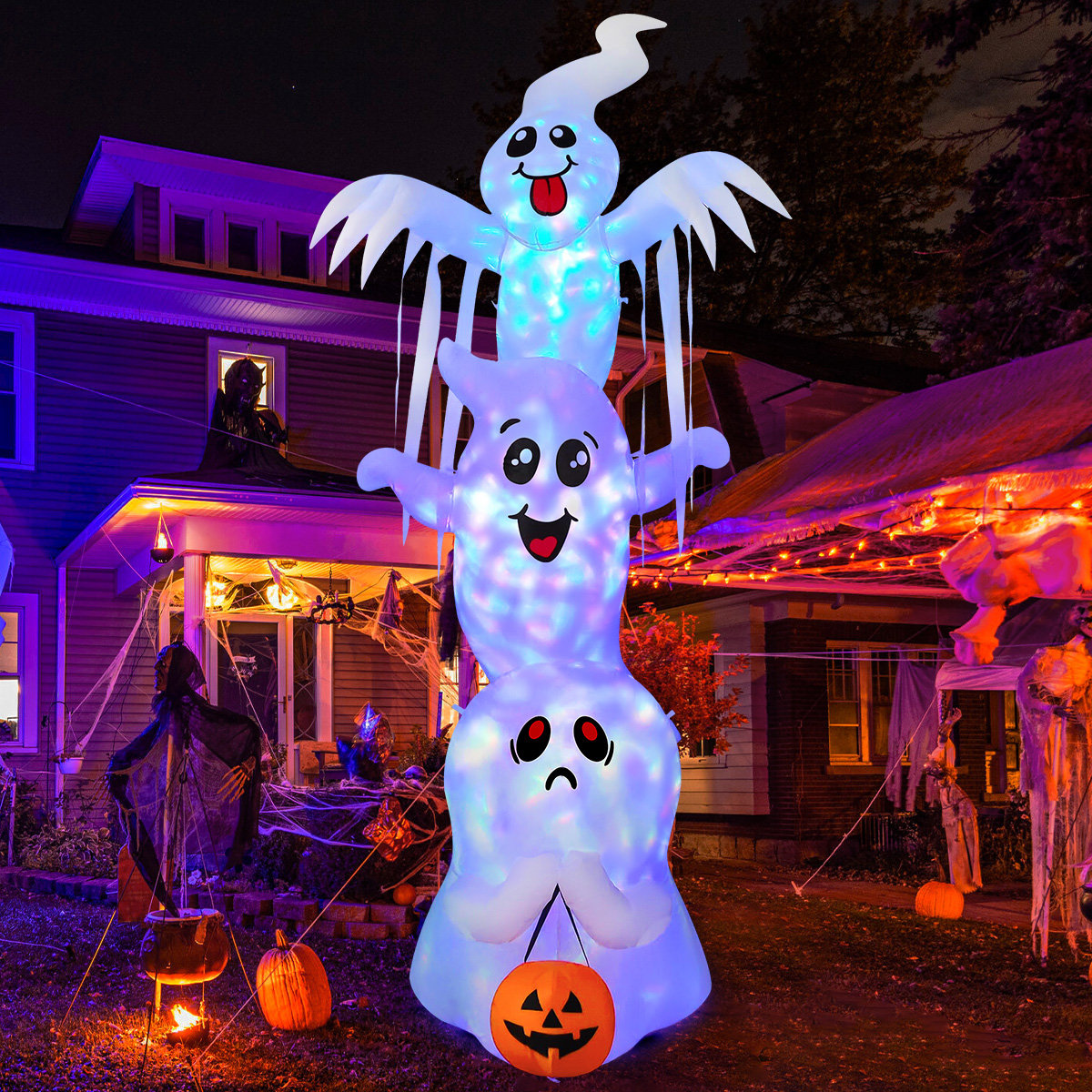 The Holiday Aisle® Halloween Inflatables 9.8 FT Inflatable Overlap Ghosts Blow Up Ghost with LED ...