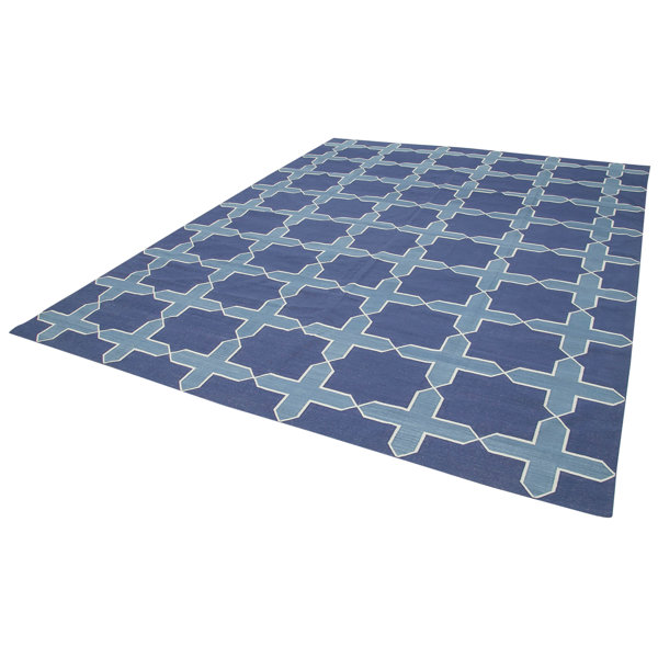 Ebern Designs Geometric Duri Blue Geometric Wool Handmade Area Rug ...