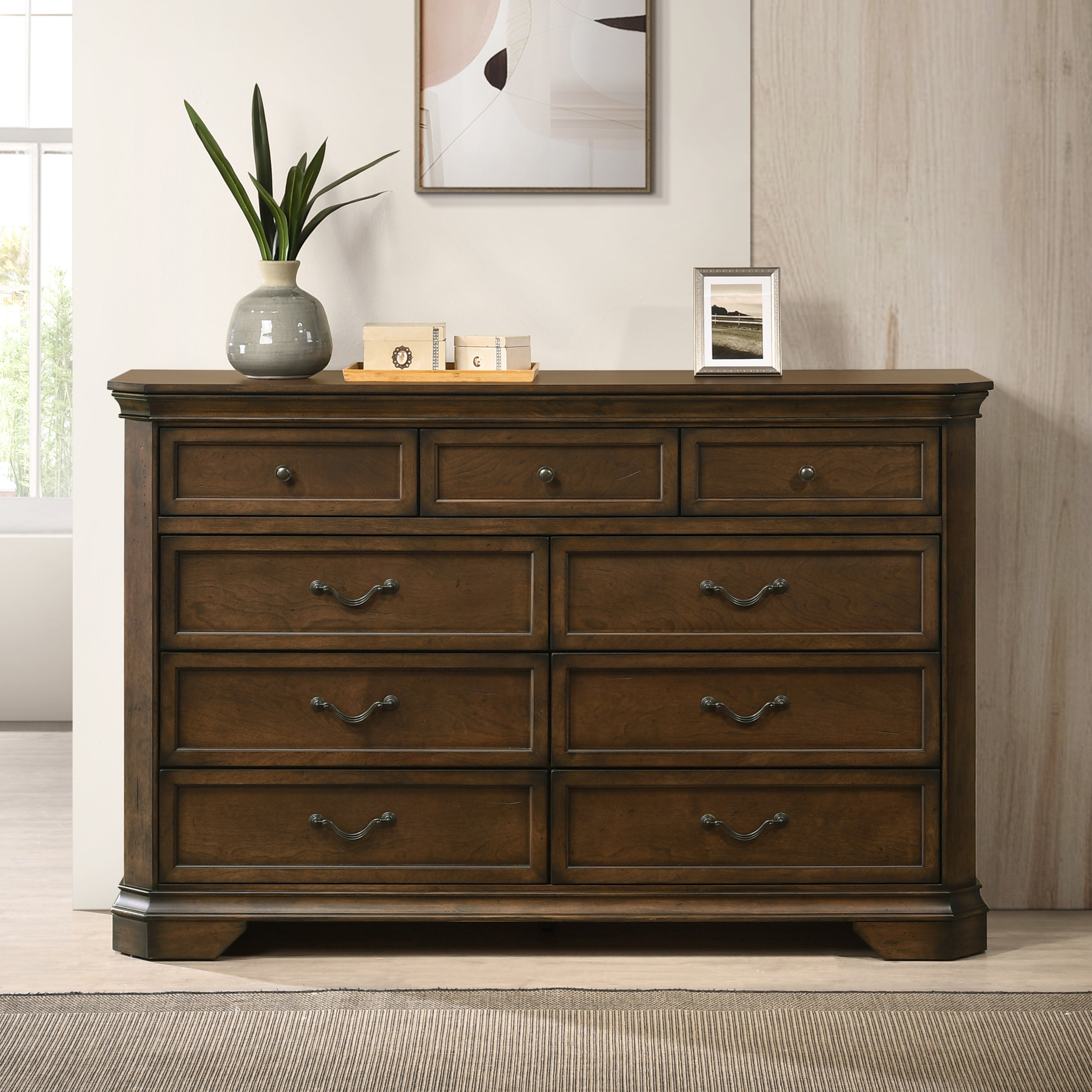 Charlton Home® Ailany Traditional Wood 9-drawer Dresser, Antique Walnut ...