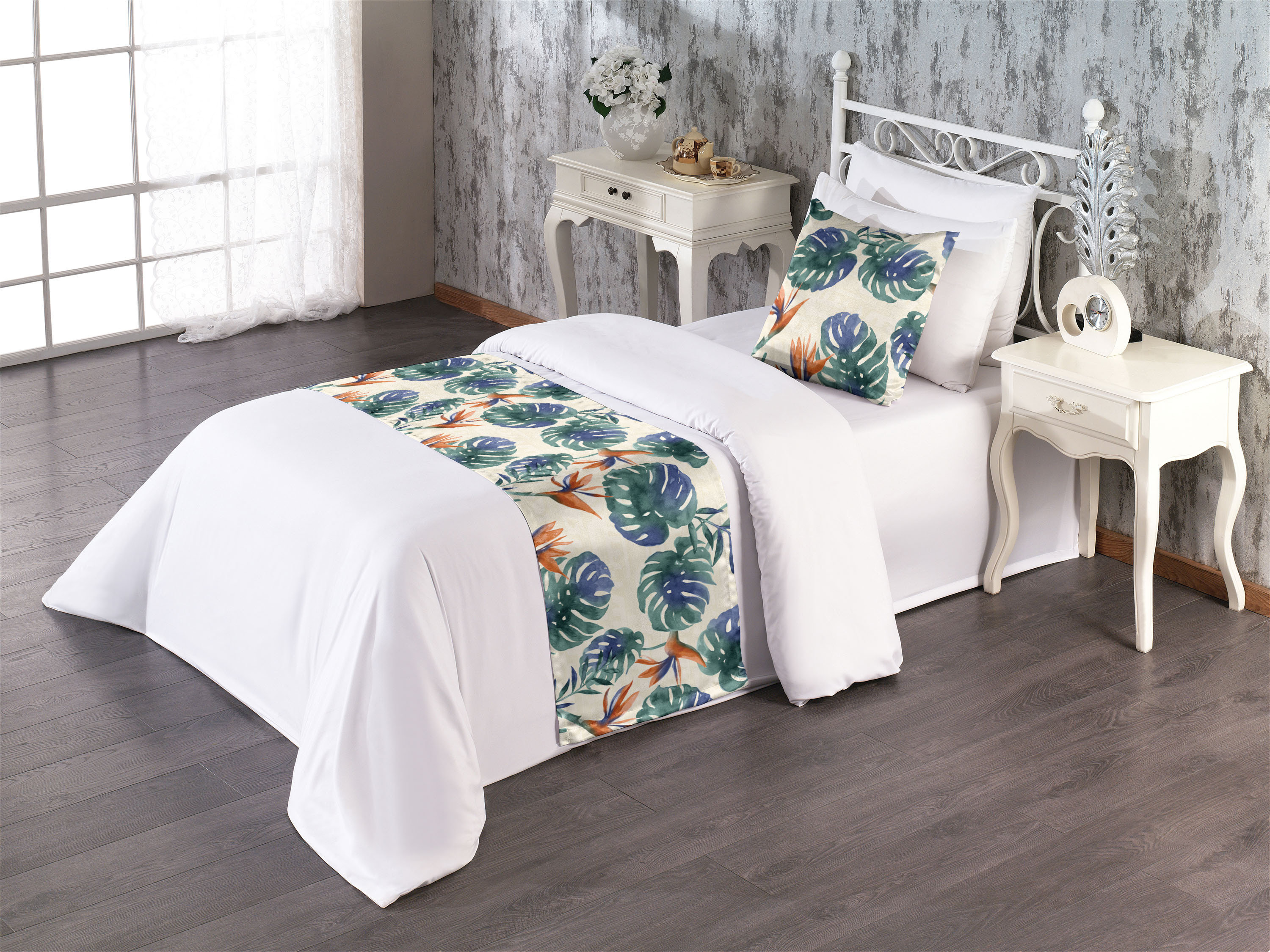 Ambesonne Tropical Bed Runner Set Exotic Watercolor Foliage Hunter ...