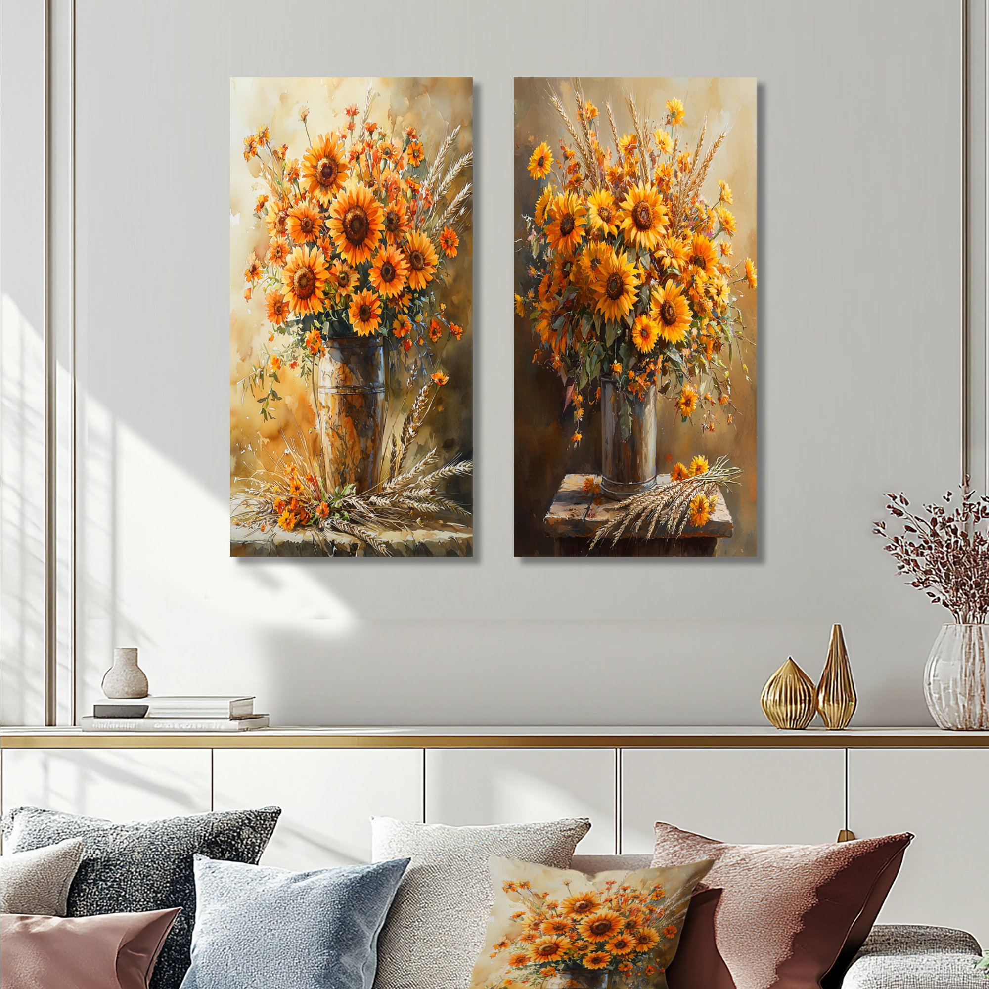 August Grove® Golden Hour Harvest Blooms I - Floral Wall Decor 2 Panels ...