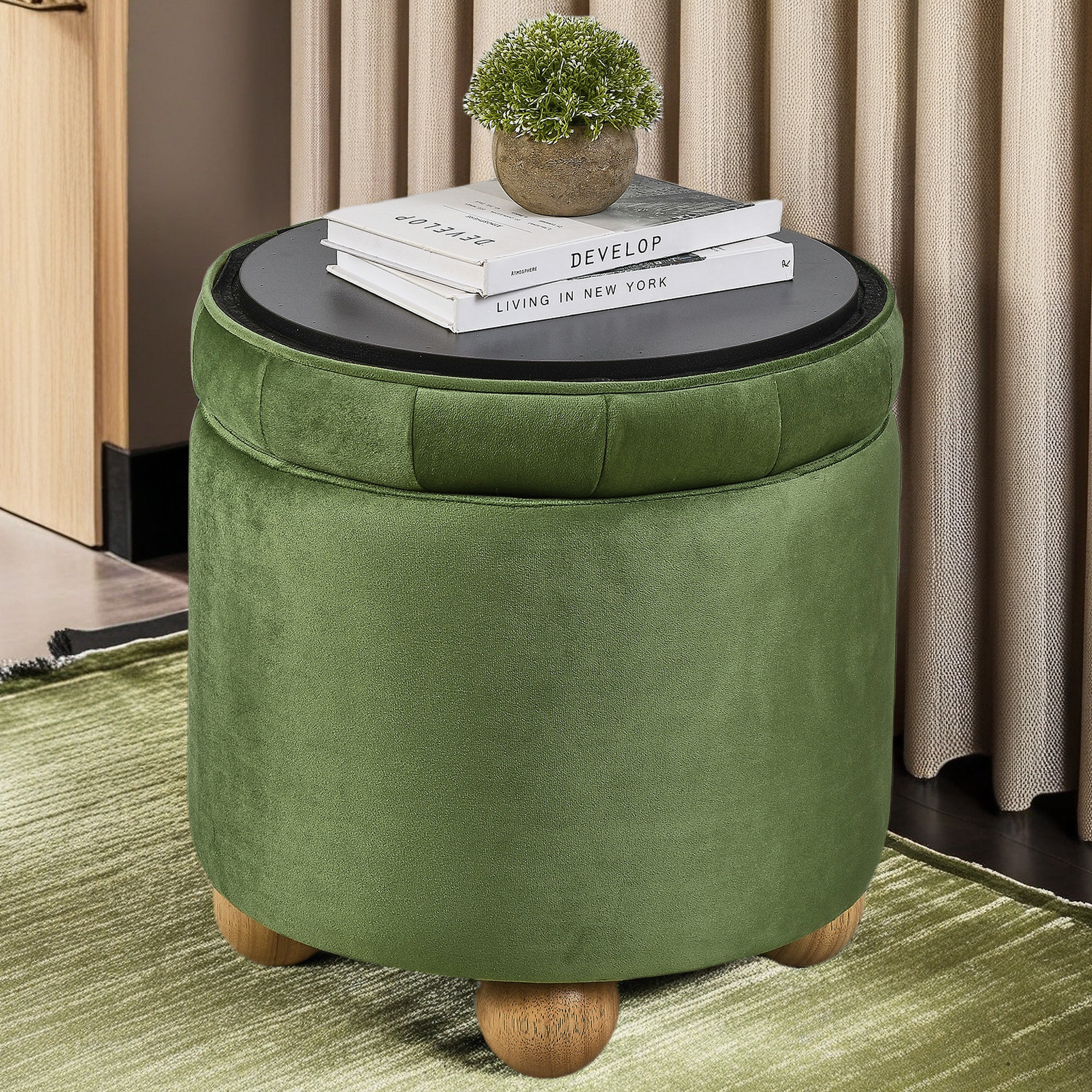 Ebern Designs Round Storage Ottoman, Multi-Functional Round Button ...