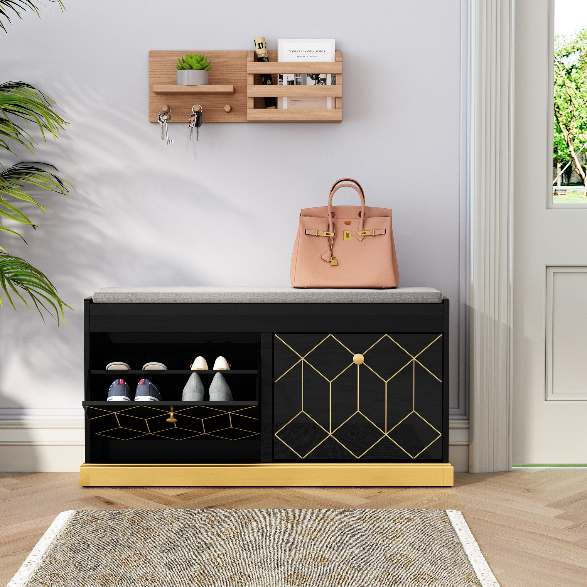 Mercer41 Teaira Upholstered Storage Bench with Flip Drawer Shoes ...