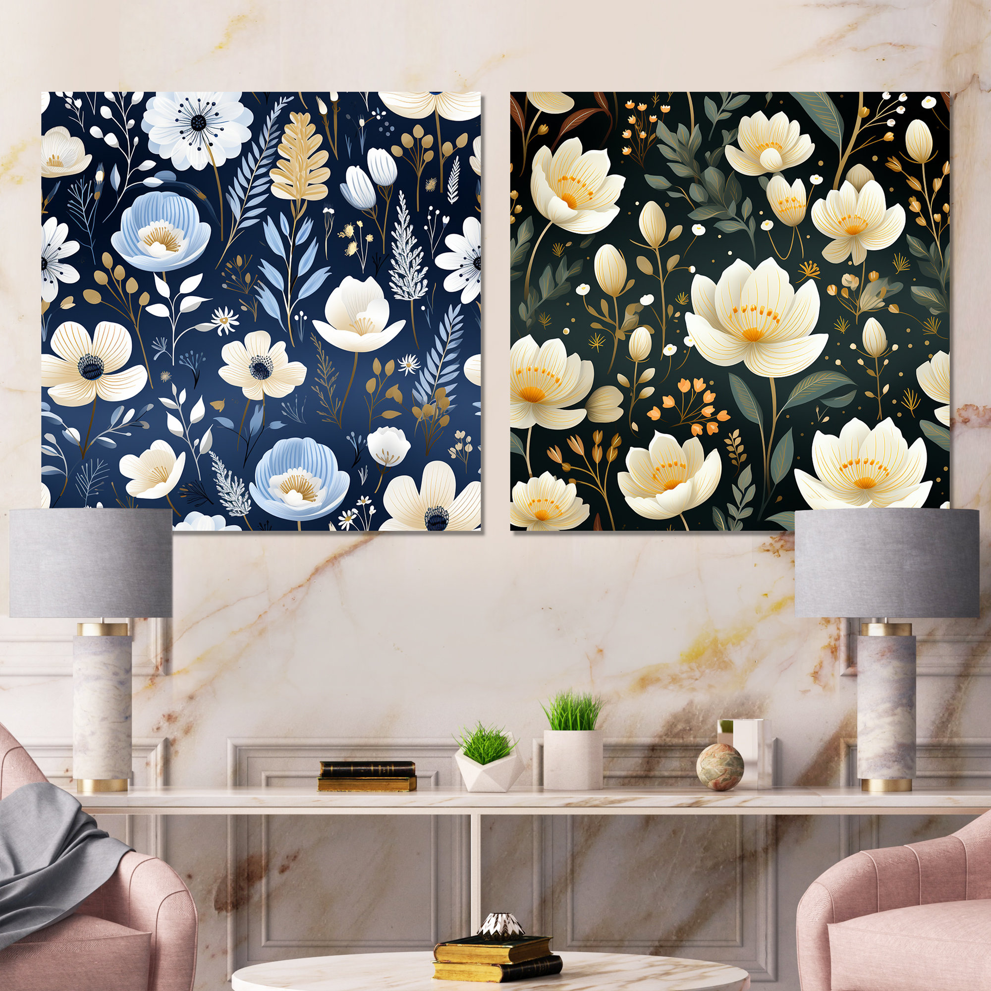 Design Art Blue Boho Chic Floral Pattern - Floral Wall Decor Set Of 2 ...