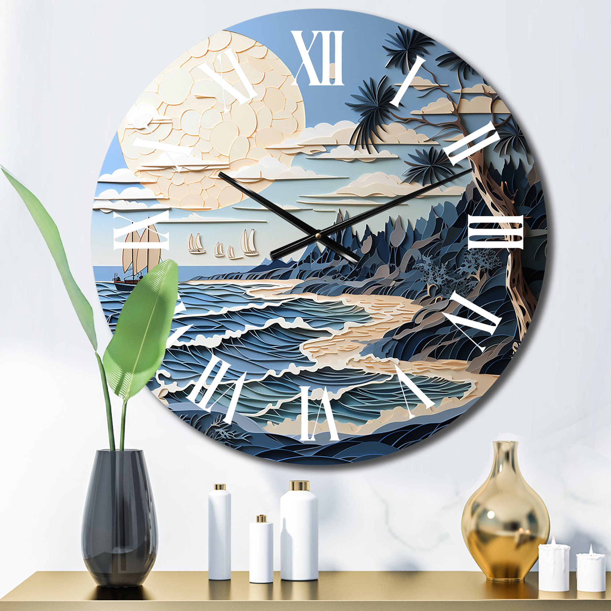 East Urban Home Beach Boat Elegance Papercut I - Beach Wall Clock | Wayfair