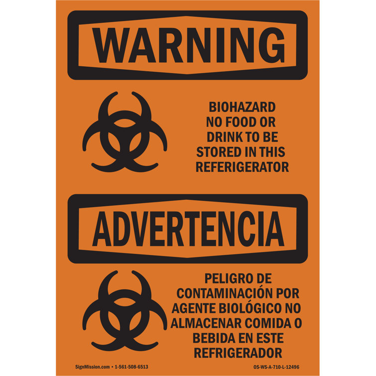 SignMission OSHA WARNING Sign - Biohazard No Food Or Drink Bilingual ...