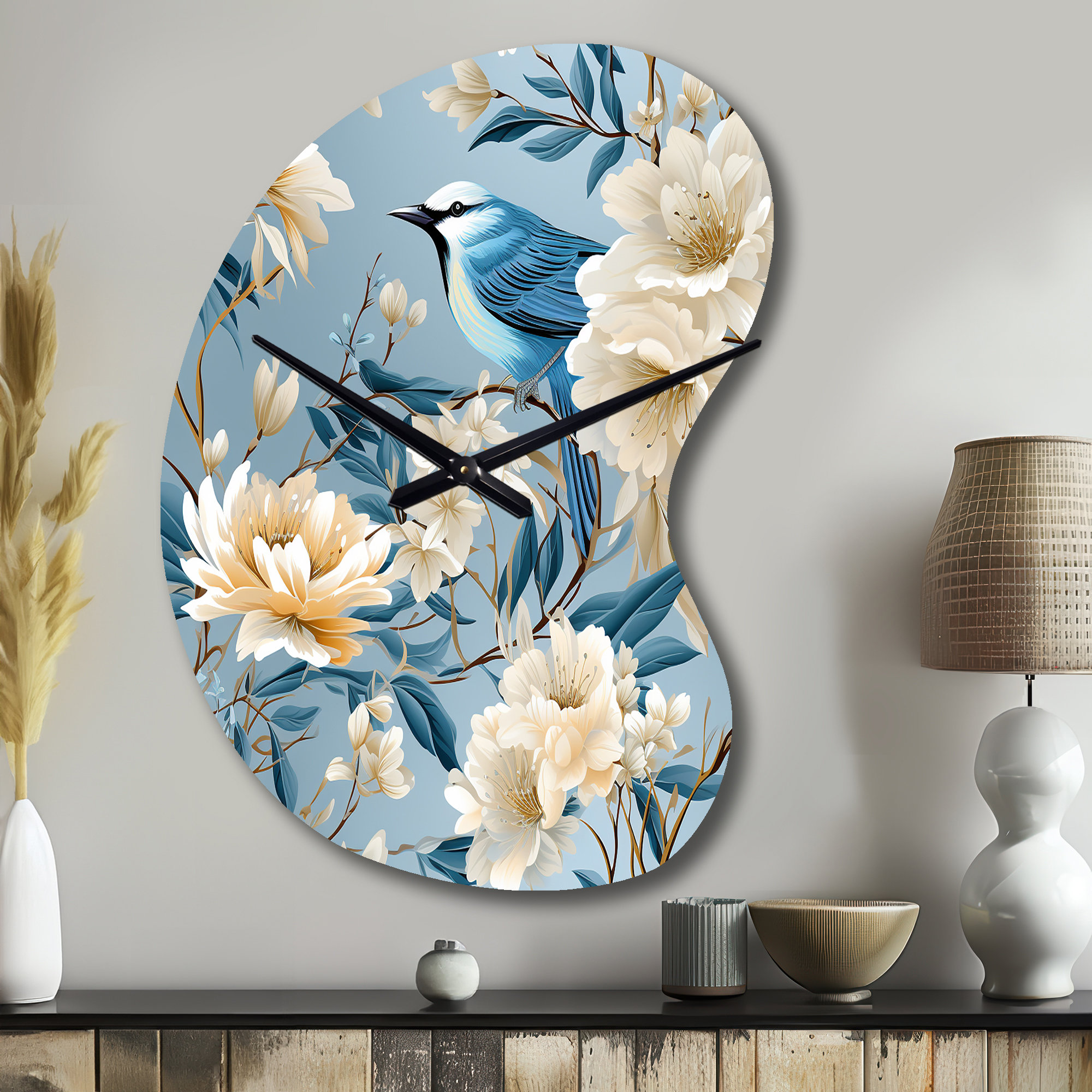 Design Art White And Blue Bird Floral Serenade - Boom Shape Blue Wall ...