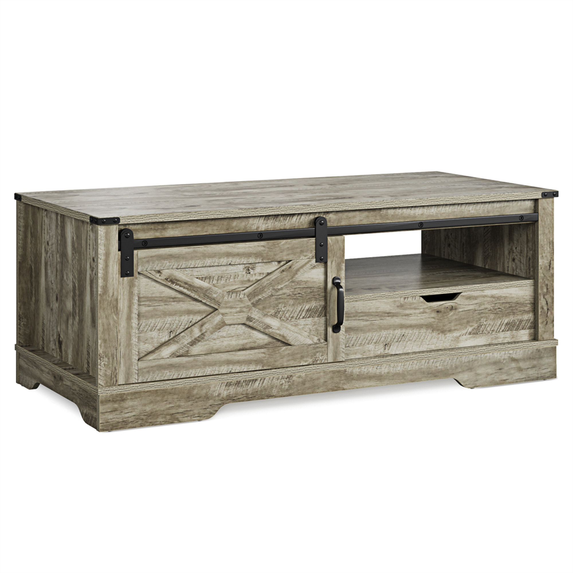 Rosalind Wheeler "Modern Coffee Table: Wood Barn Door, Light Grey Sofa ...