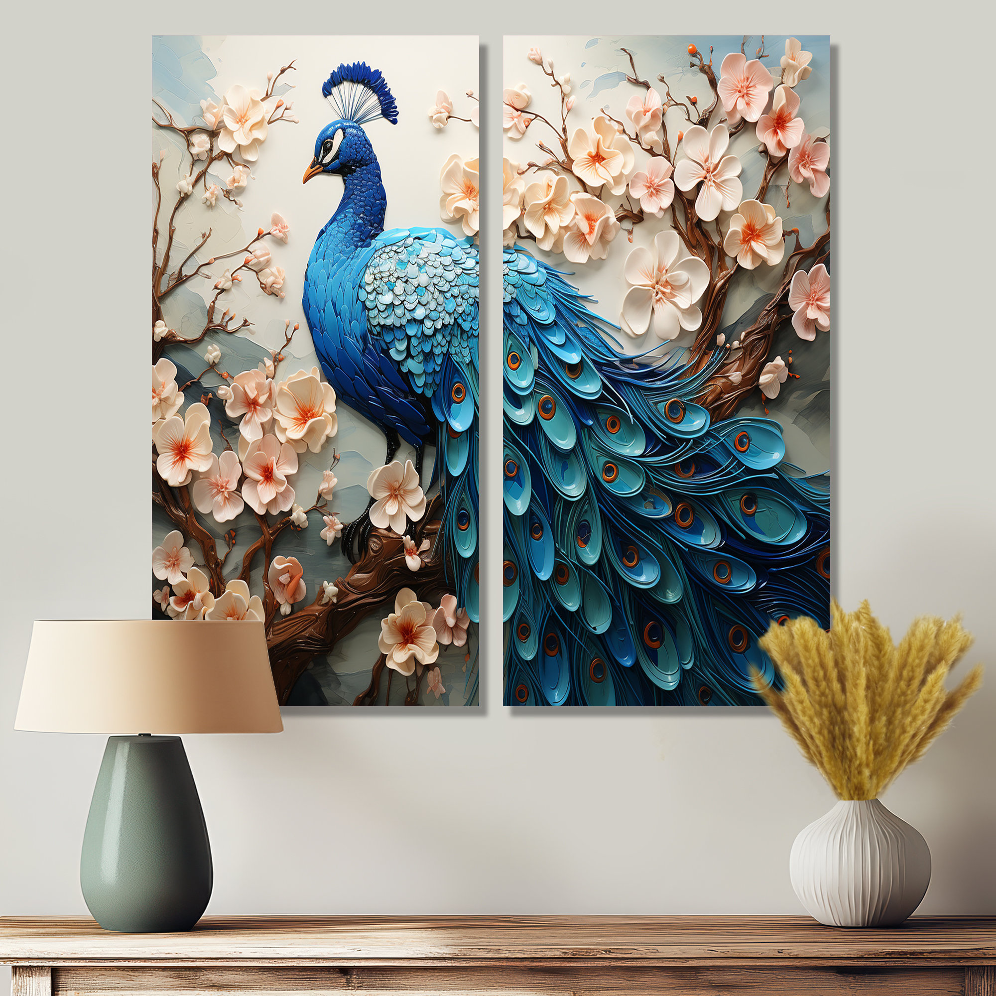 Astoria Grand Flower Peacocks Vibrant Display II - Blue Wall Decor ...