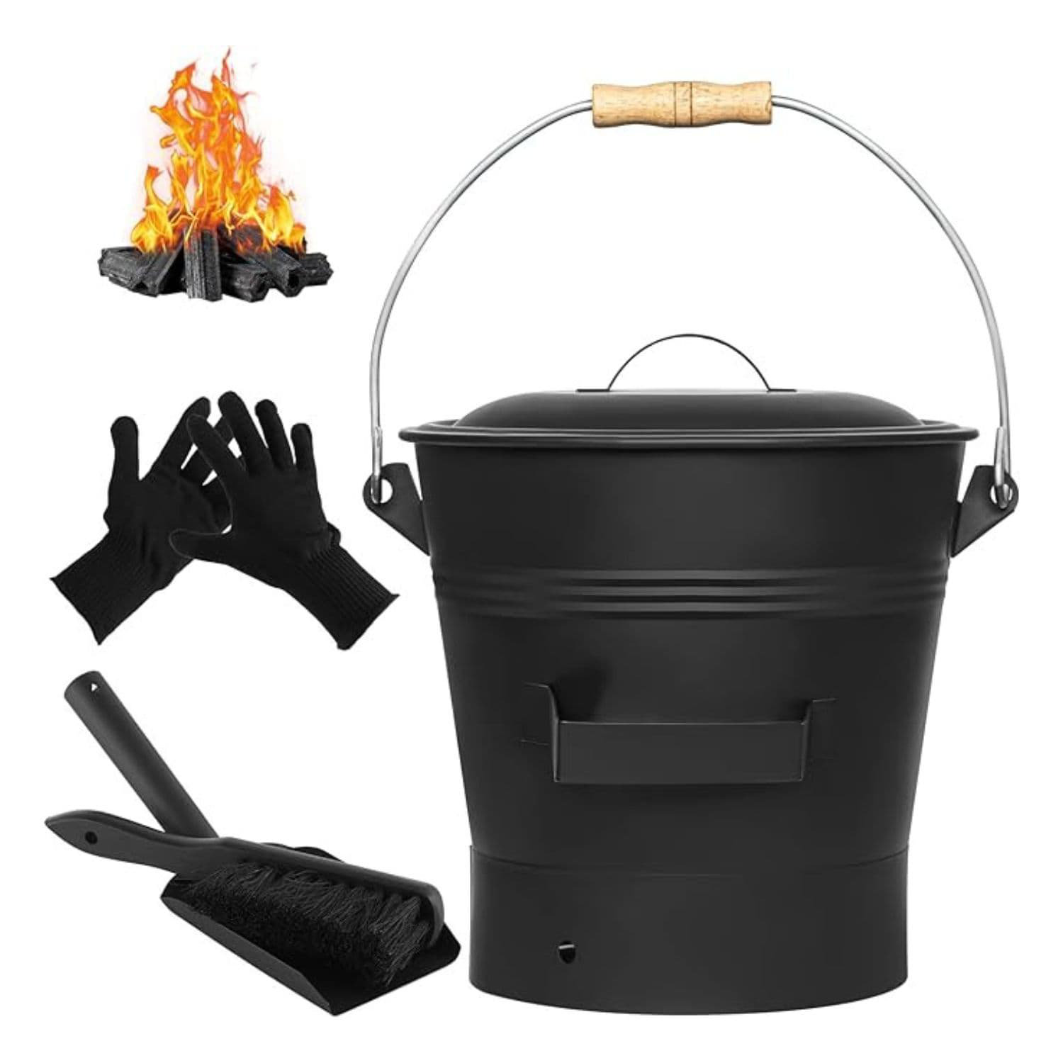 Gracie Oaks Fireplace Ash Bucket Set with Lid, Shovel, Broom and Gloves ...