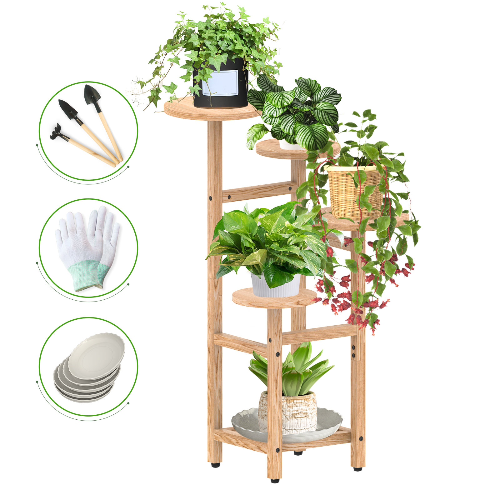 Arlmont & Co. 5 Tiered Round Plant Stand For Indoor, Wood Flower Stand ...