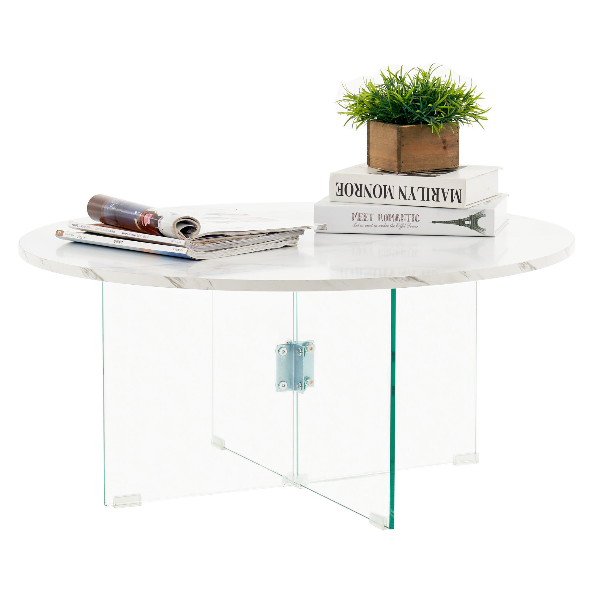 Ivy Bronx Gotay Round Coffee Table with X Shaped Structure Glass Leg ...