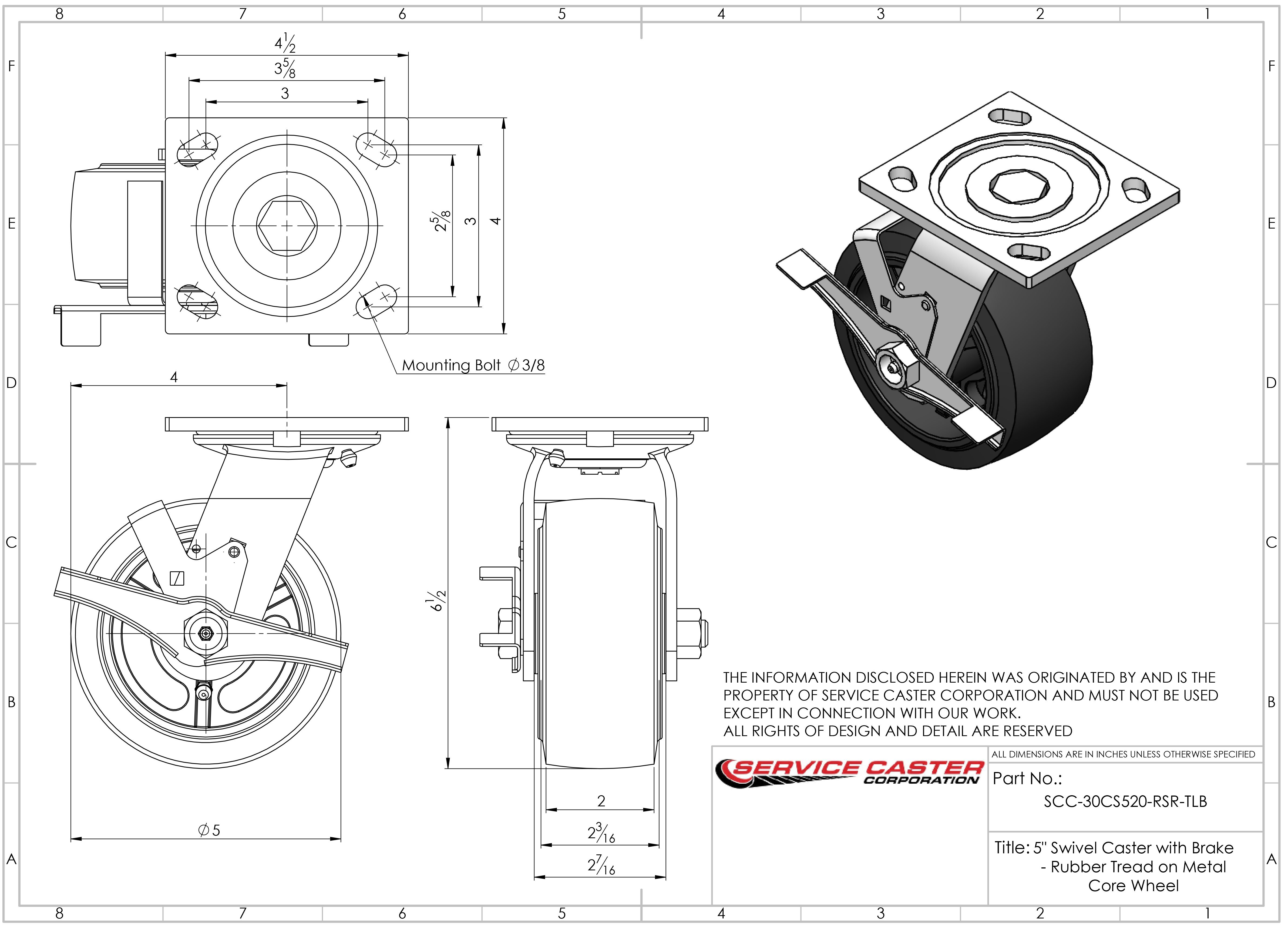 Service Caster 4 Piece Rubber on Steel Caster Set with 2 Brakes/Swivel ...