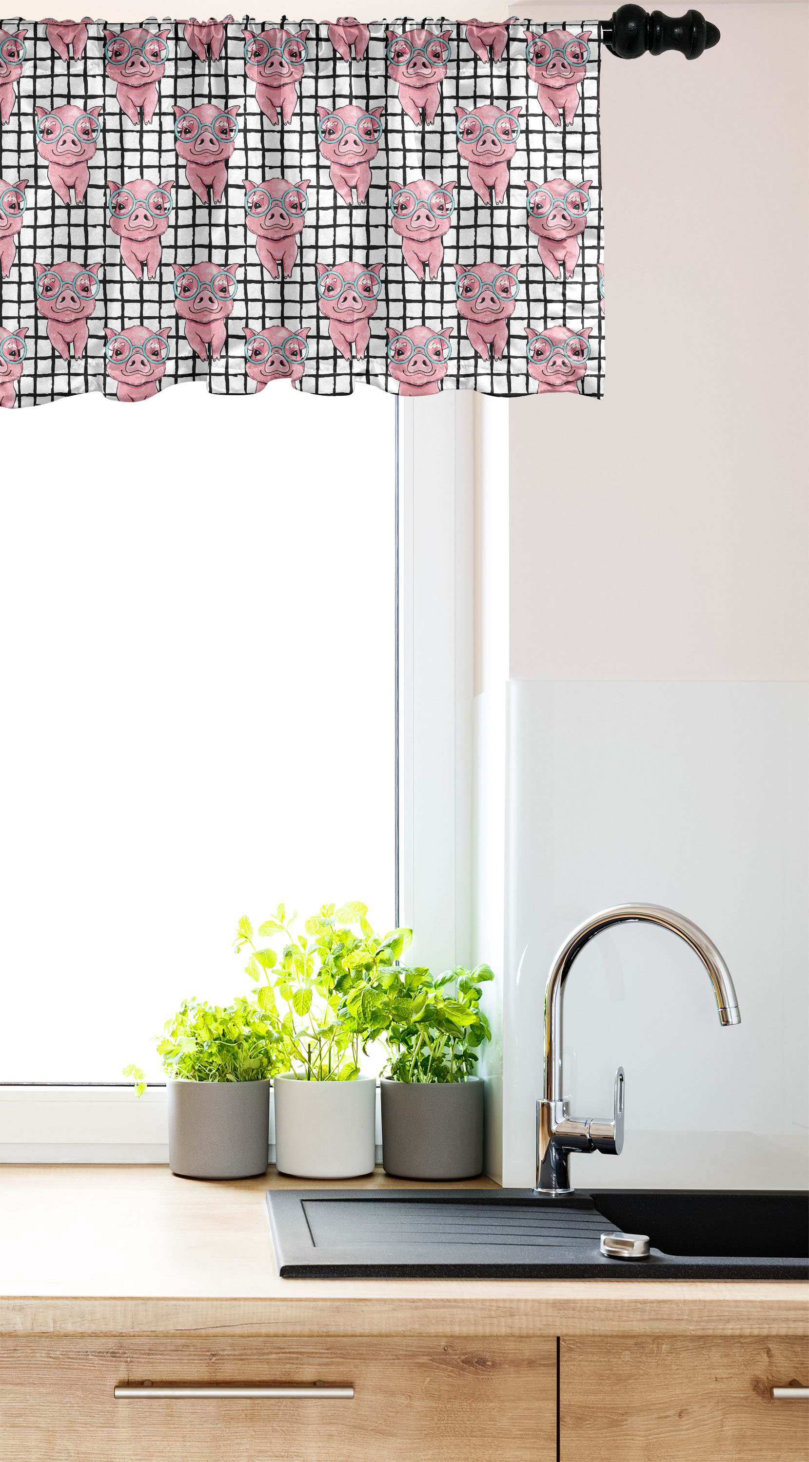 Ambesonne Piglet Valance Pack of 2 Nerdy Pigs and Squares Pink and ...