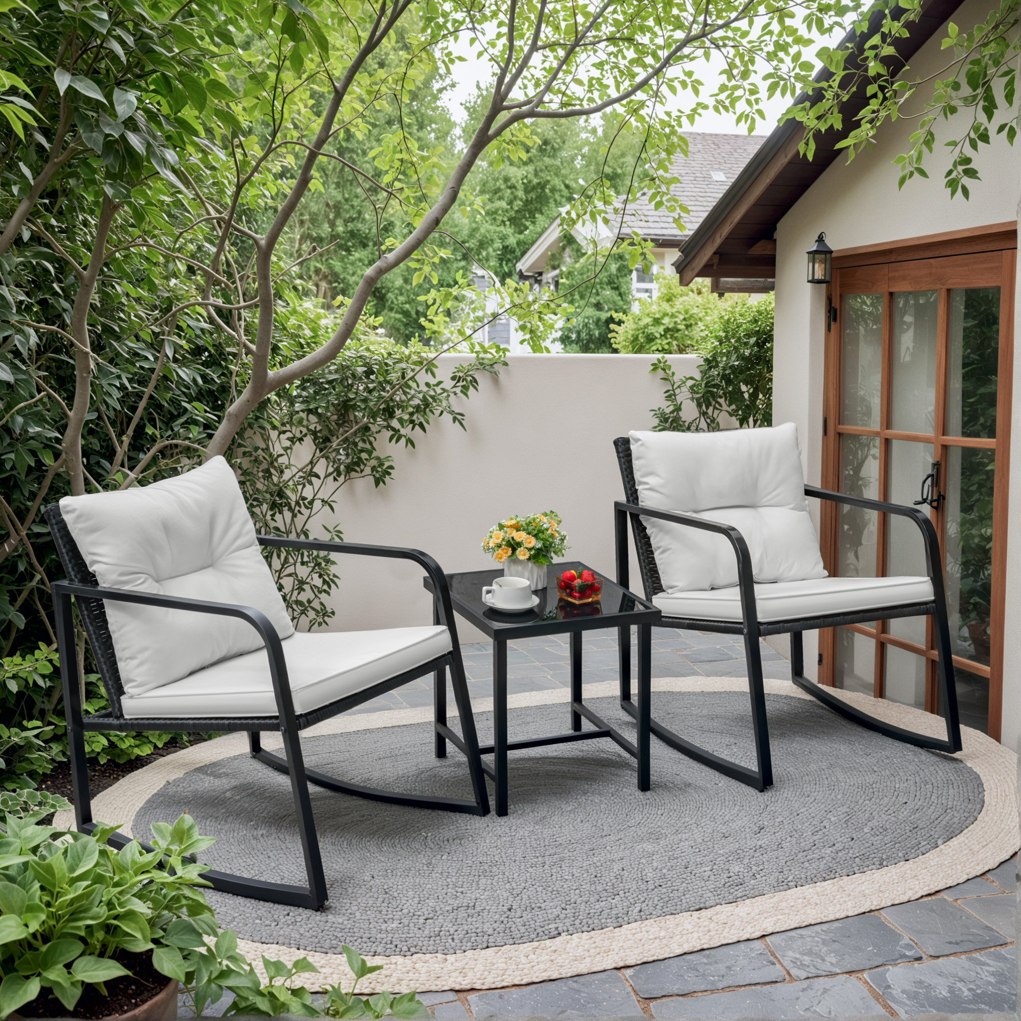 Ebern Designs 3 Piece Rocking Cafe Furniture Set Wicker Outdoor Patio ...