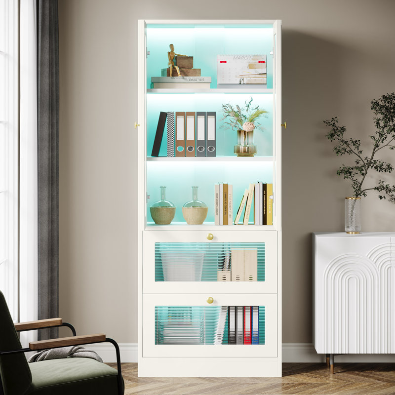Ebern Designs White Bookcase With Acrylic Doors and LED Light | Wayfair