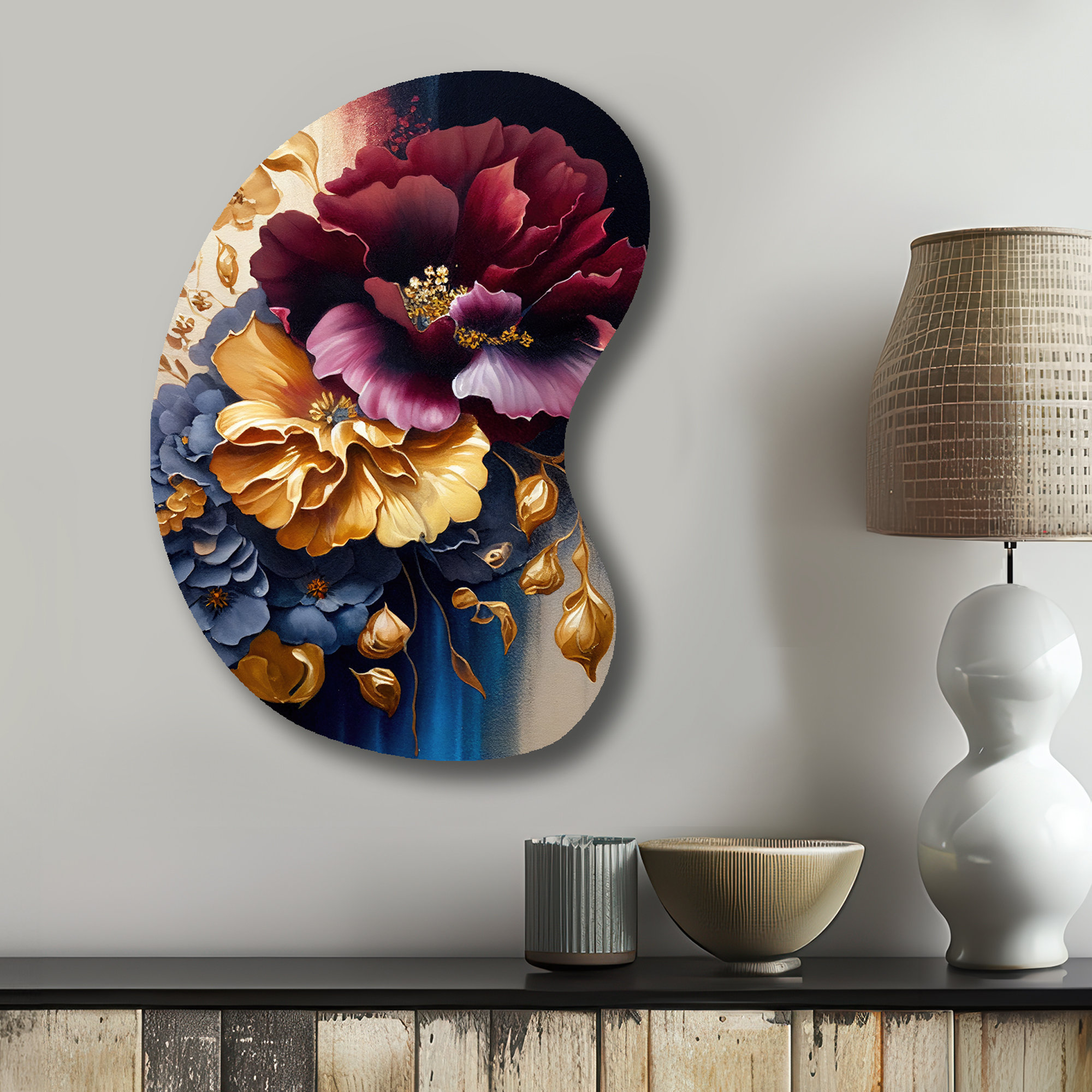 Design Art Burgundy And Blue Floral Bunch II - Floral Boom Shape ...