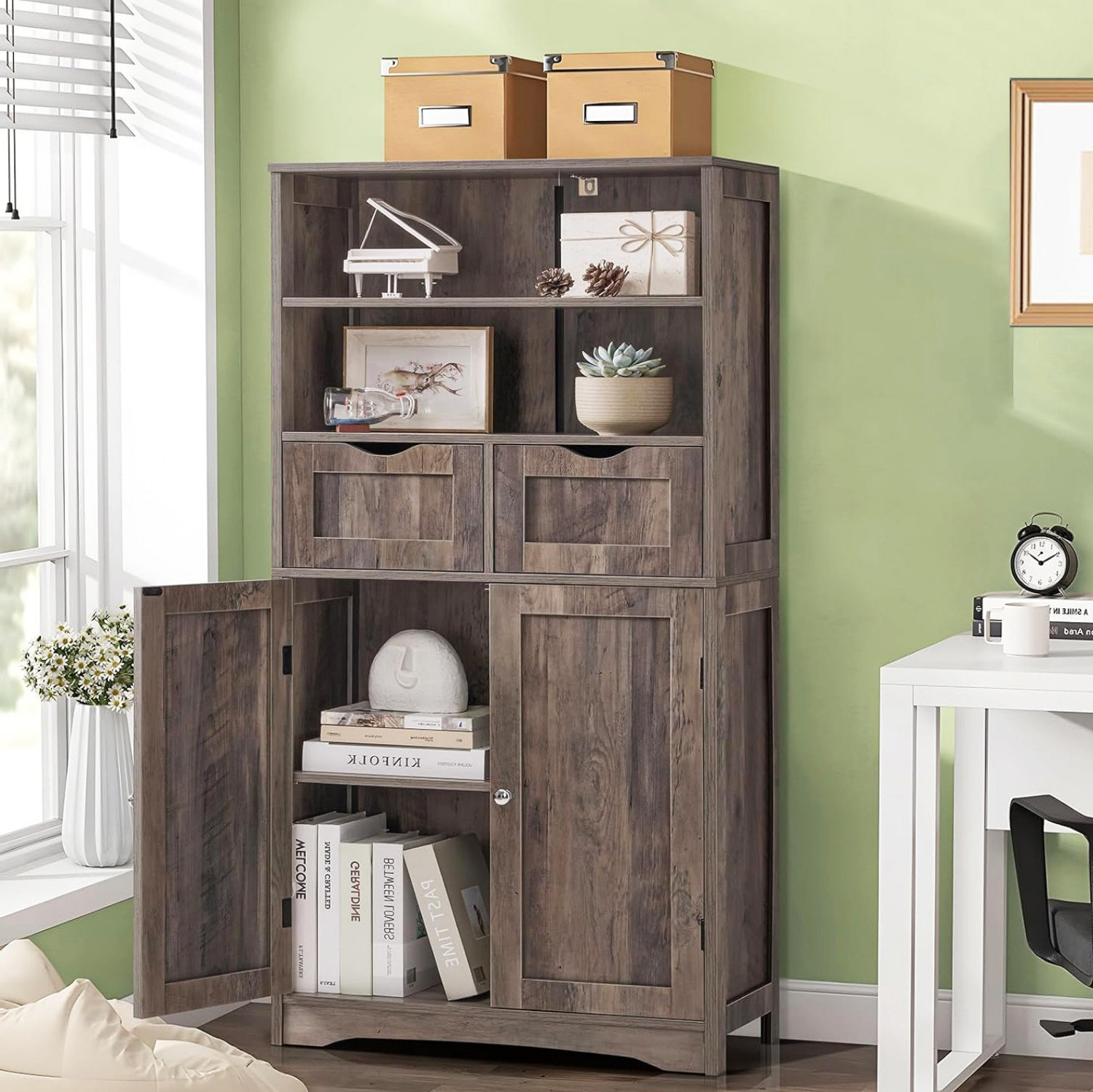 QICQA Tall Storage Cabinet with 2 Drawers & Adjustable Shelves ...
