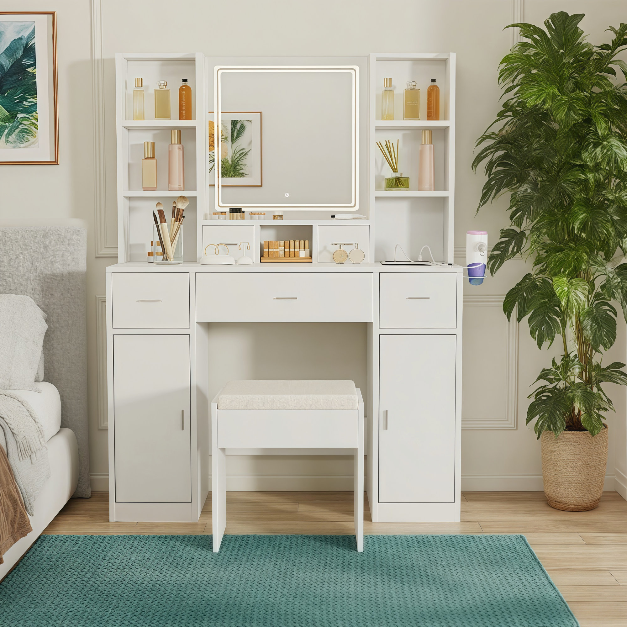 Ivy Bronx LED Vanity Desk With Stool - Touch Control, 3 Colors, Large ...