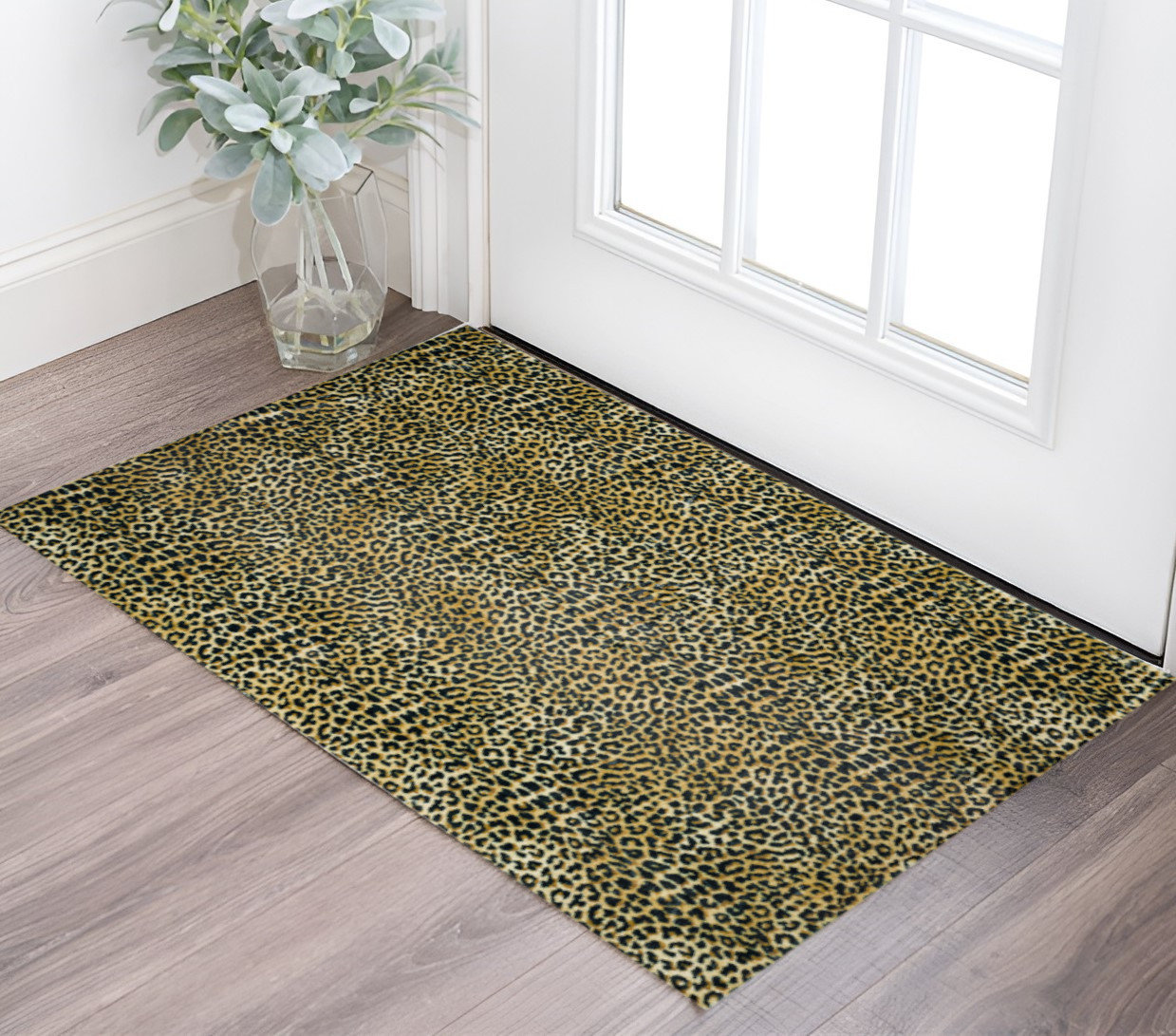 HomeRoots 3' X 5' Black and Gold Leopard Print Shag Handmade Non Skid ...