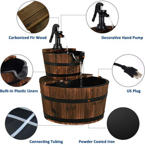 Gracie Oaks 2-Tier Barrel Waterfall Fountain, Rustic Wood Barrel ...