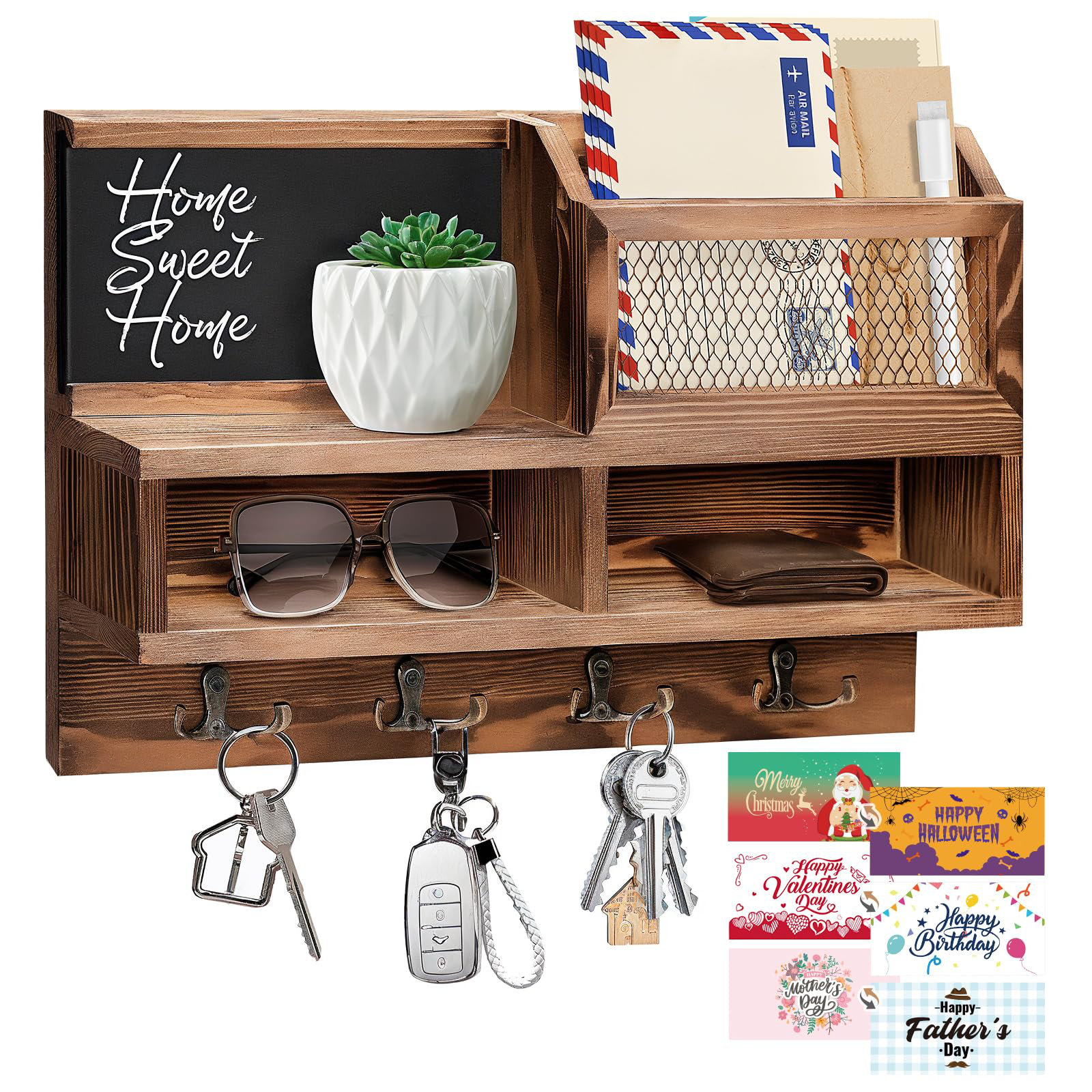 August Grove® Wall Keychain, Wooden Mail Holder With Chalkboard And ...