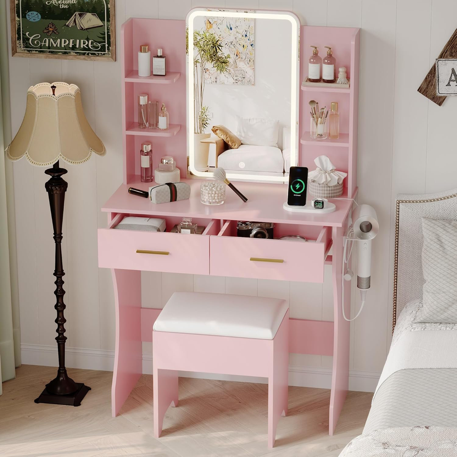 Orren Ellis Small Vanity Desk with Mirror and Lights, Makeup Vanity ...