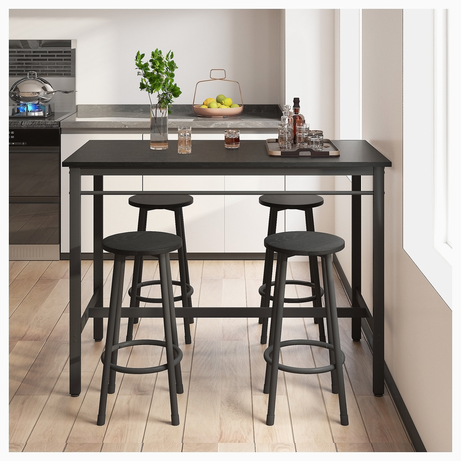 Ebern Designs 5-piece rural kitchen table with four bar stools, metal ...