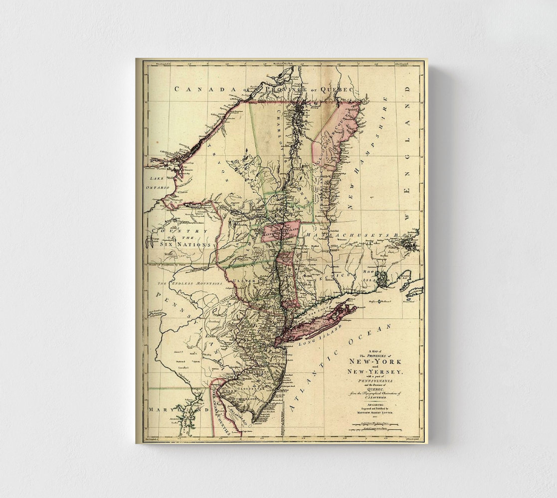 WeFrameArt New York Map Print, Framed Vintage New York Poster, USA Map ...