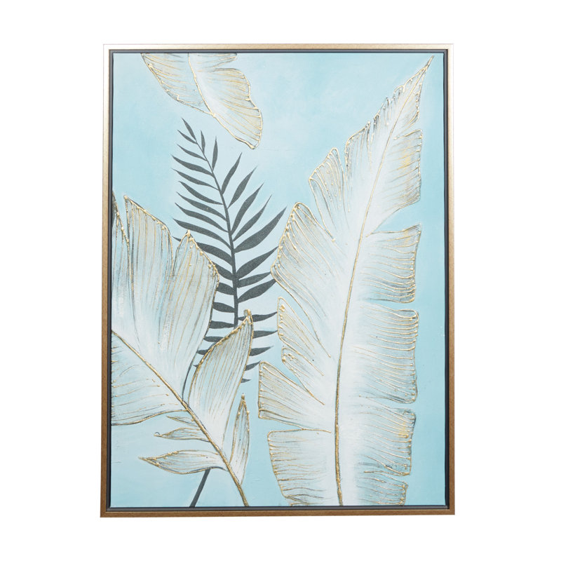Bay Isle Home™ Canvas Tropical Leaf Blue Framed Wall Art with Gold ...