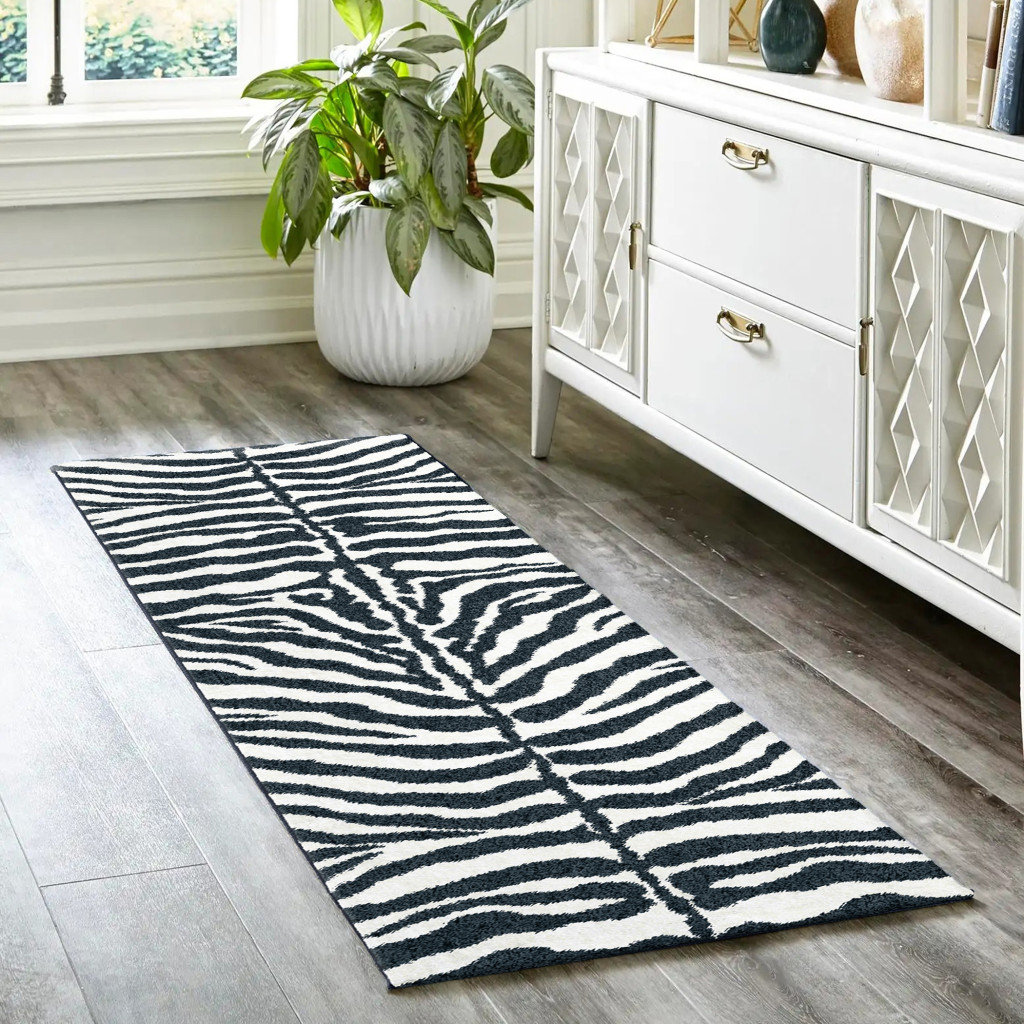 Everly Quinn 3' X 8' Black And White Zebra Print Shag Handmade Non Skid ...