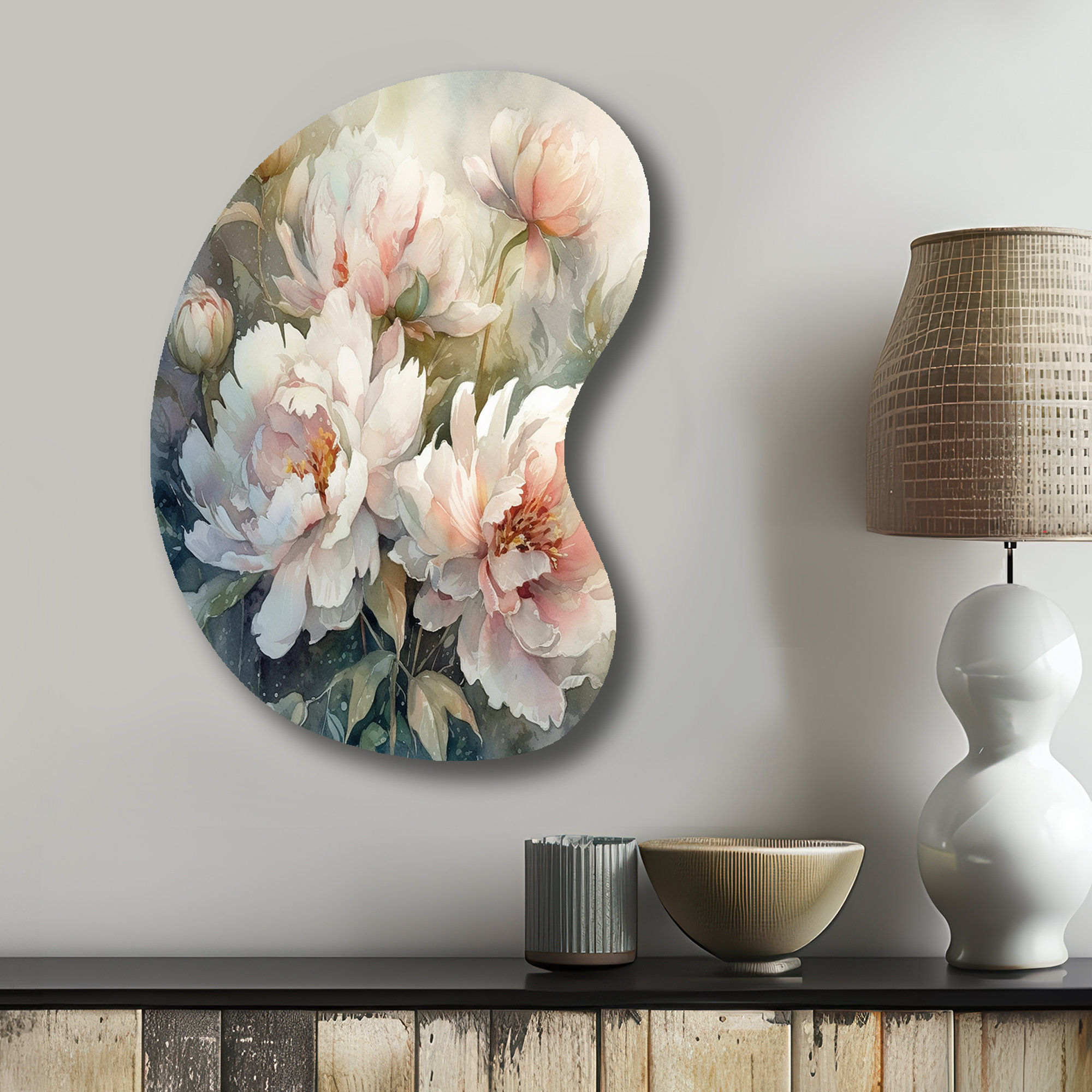 Design Art Pink Green Peonies On Branch II - Peonies Boom Shape Metal ...