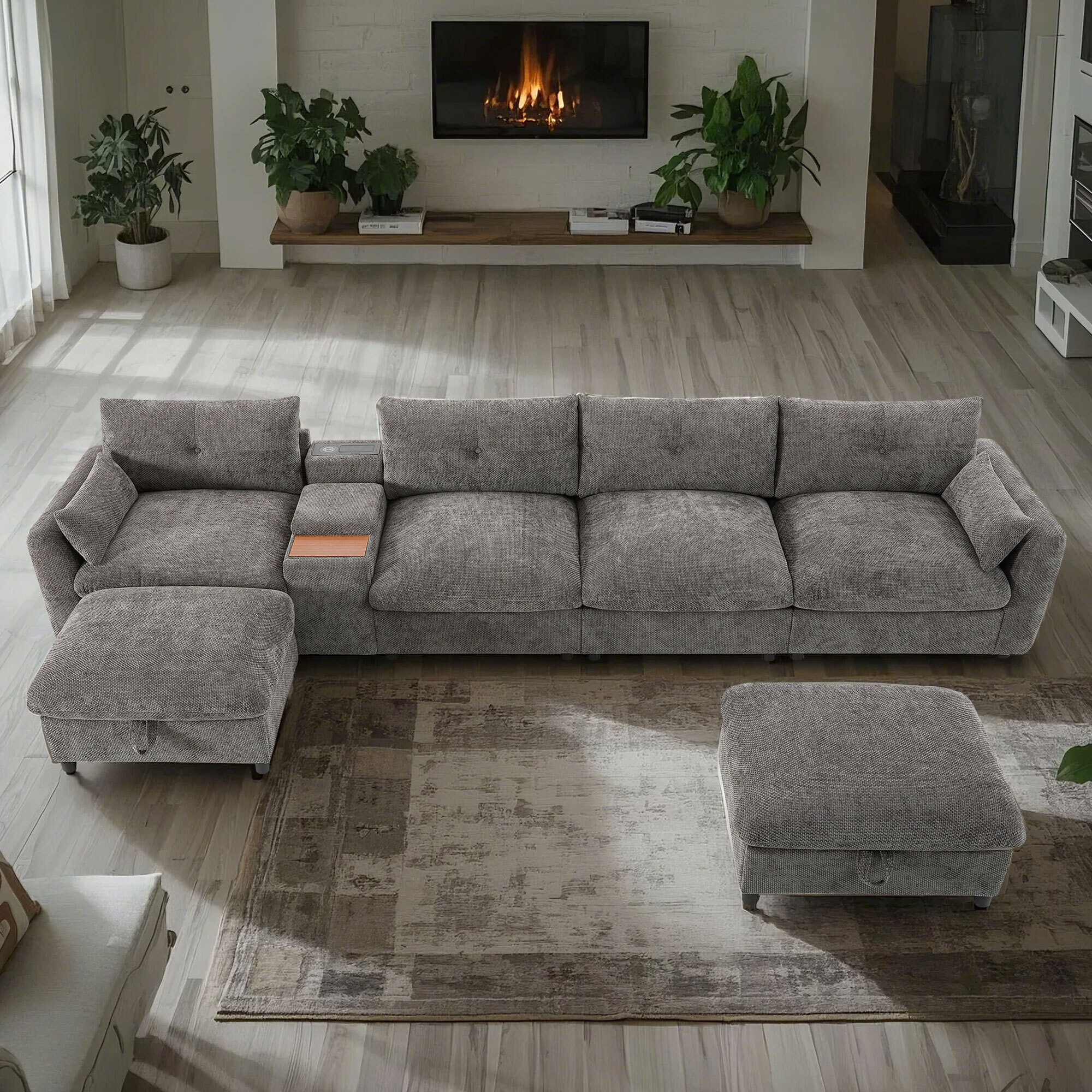 Latitude Run® Modular Chenille Sectional Sofa with USB Charging, Cup ...