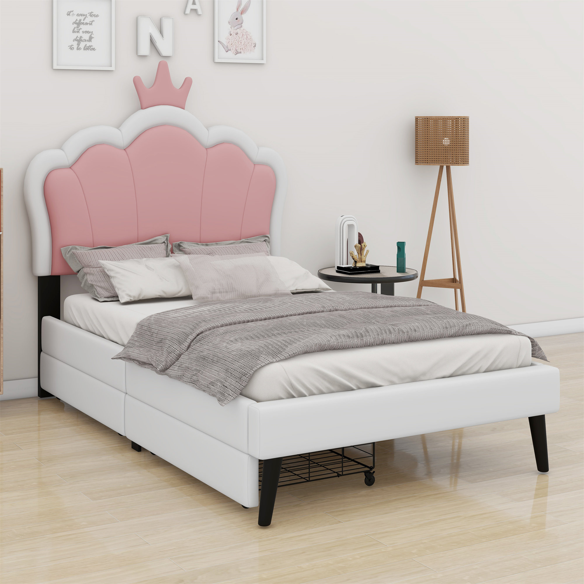 Gemma Violet Upholstered Princess Bed With Crown Headboard And Drawers ...