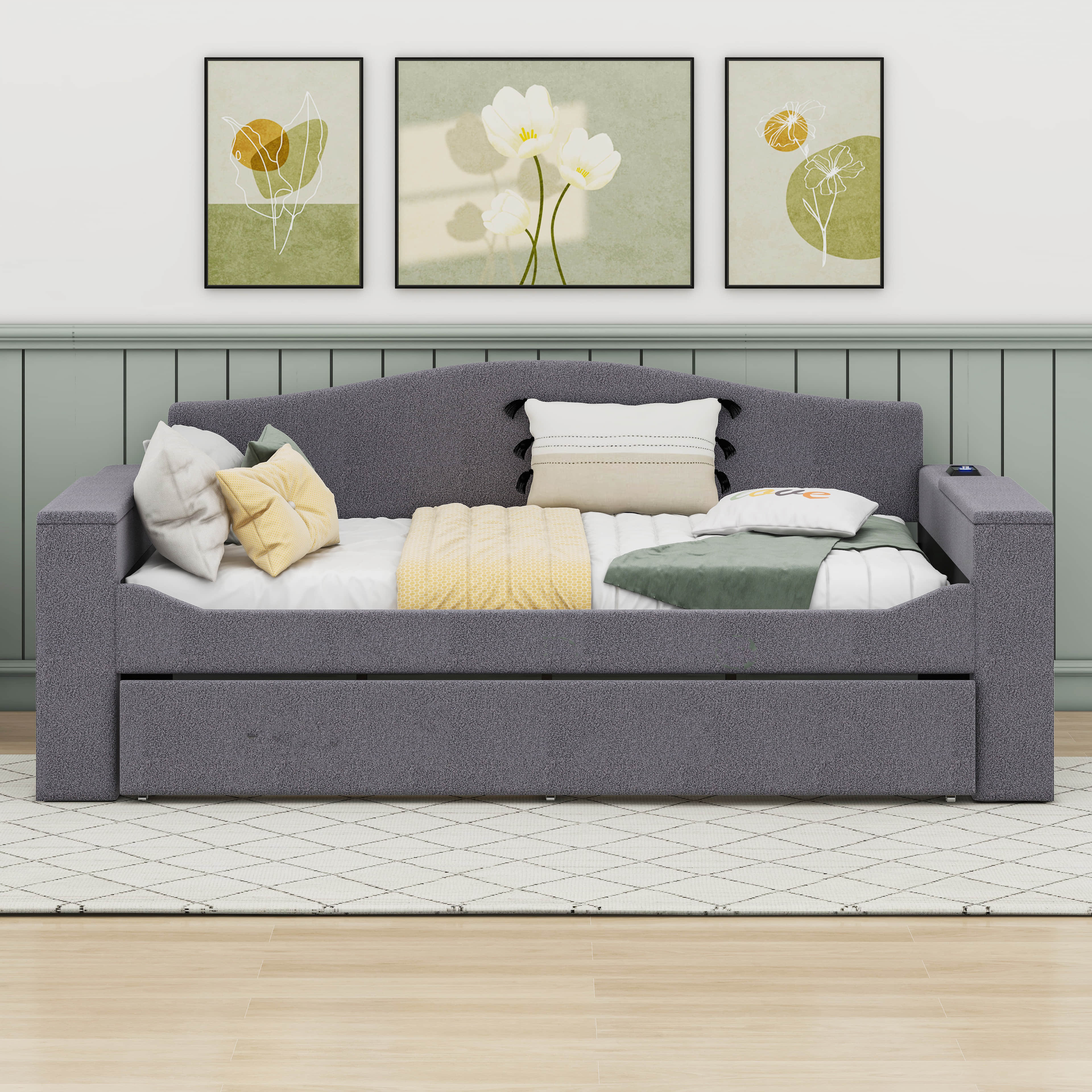 Cosmic Full / Double Upholstered Daybed with Storage Armrests, Trundle ...