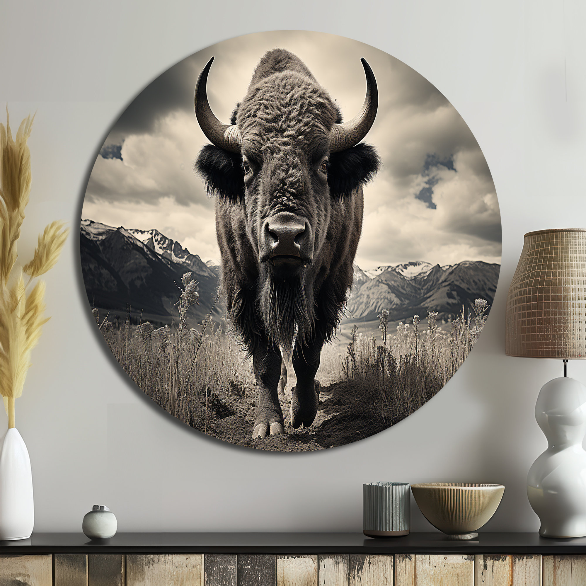 Union Rustic Bison Majestic Bison - Animals Round Metal Art | Wayfair