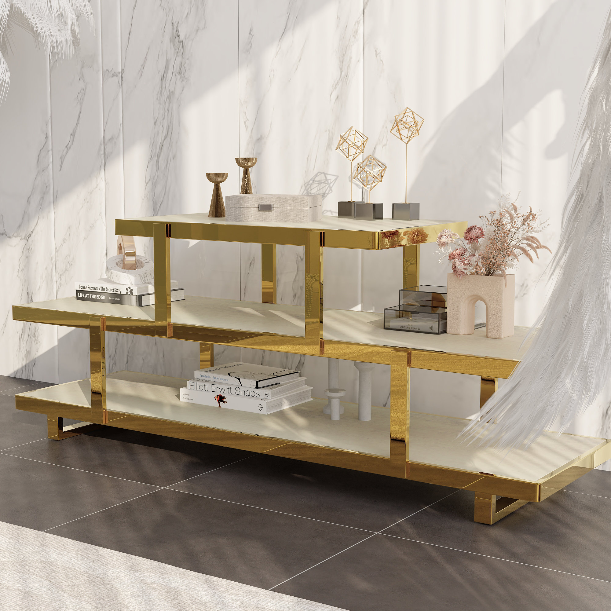 Mercer41 Gold TV Stand With 60 Inch Tempered Glass Top, TV Console With ...