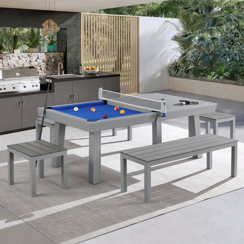 HomeSeason Oasis Outdoor/Indoor Slate Dining Pool Table w/ 4 Benches ...