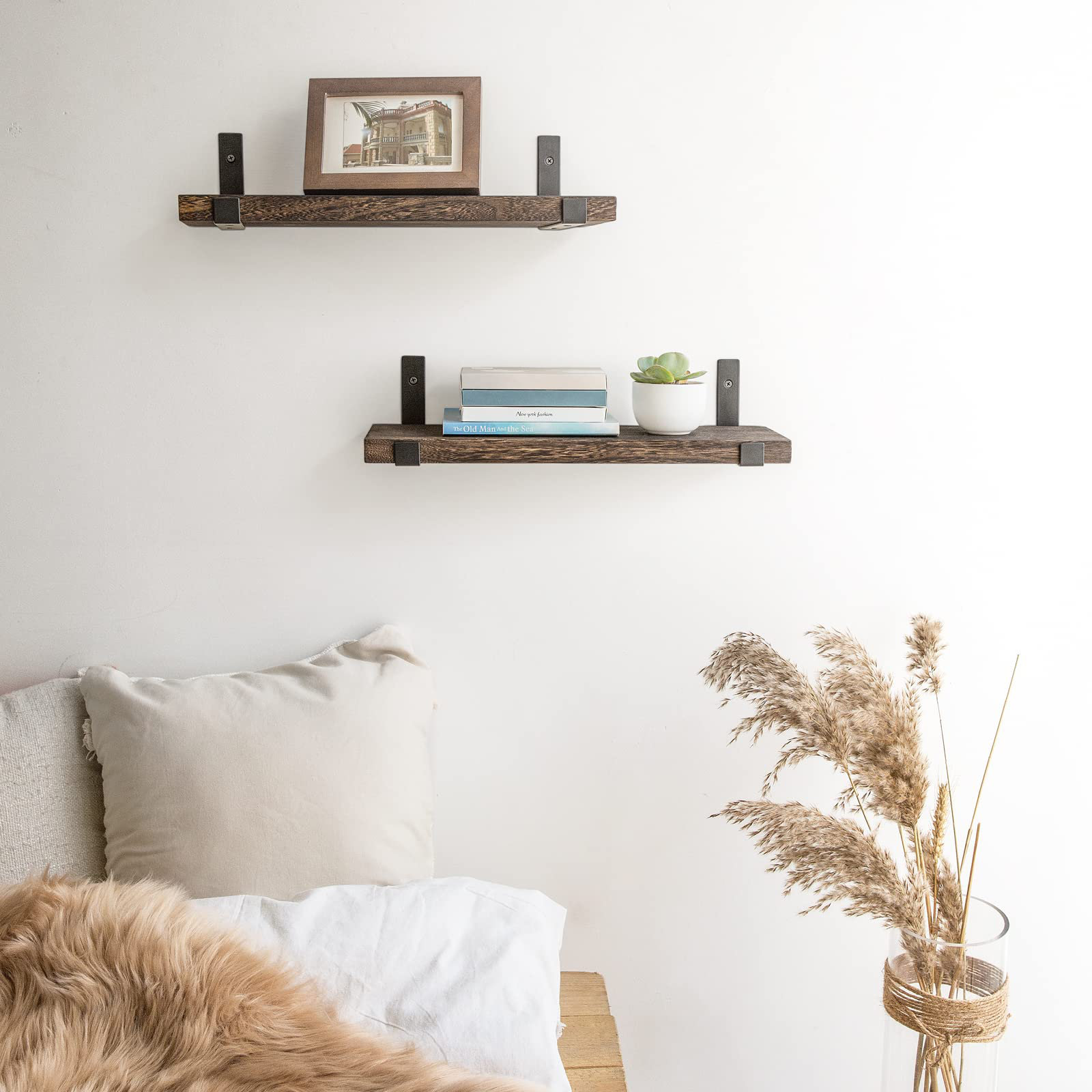 17 Stories Rustic Wood Floating Shelves Wall Mounted Shelving Set Of 2 ...