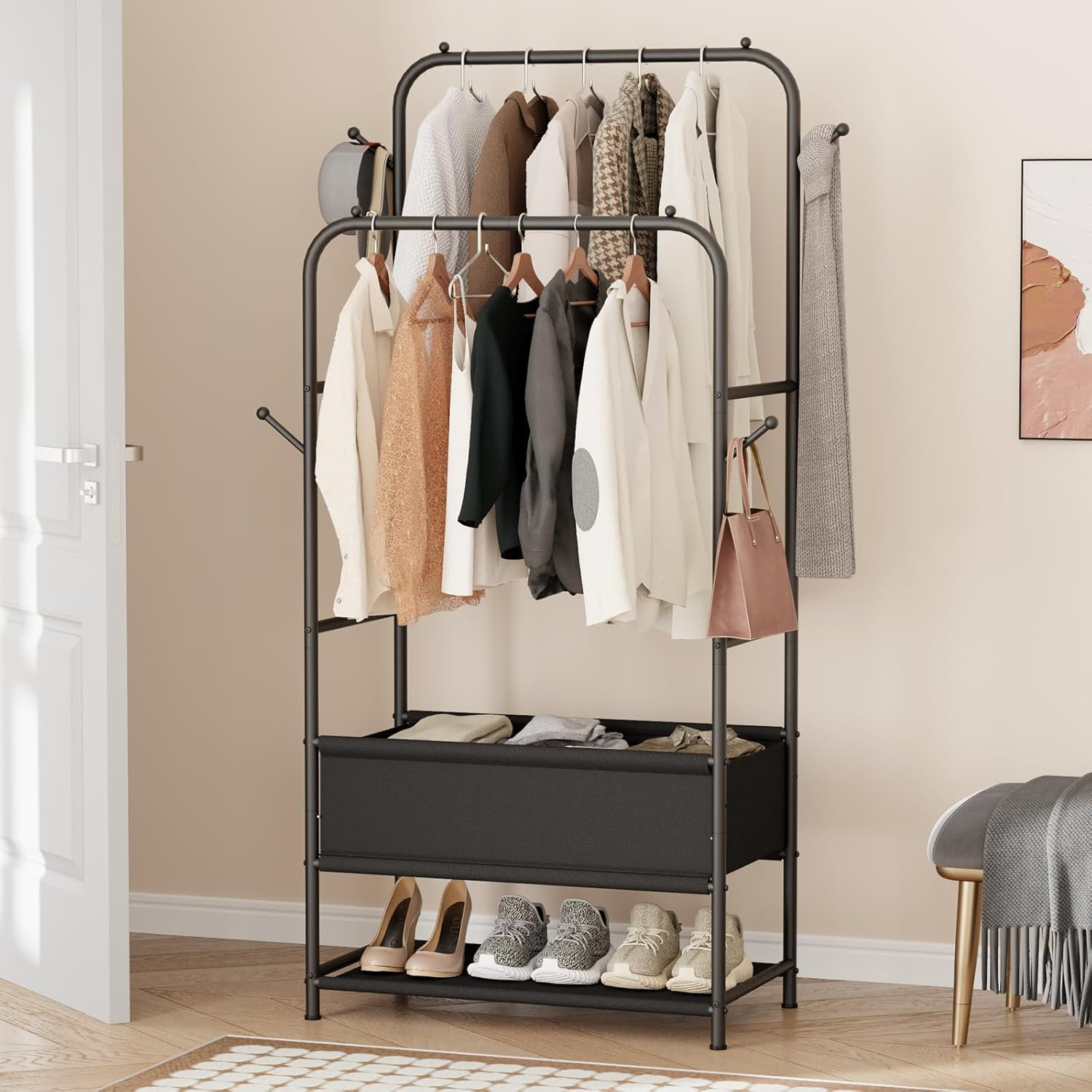 Rebrilliant Double Rods Clothing Garment Rack With Storage Box Clothing ...