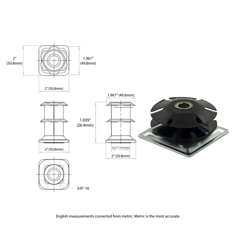 Outwater 2" Square Metal Double Star Caster Insert | 3/8-16 Threaded ...