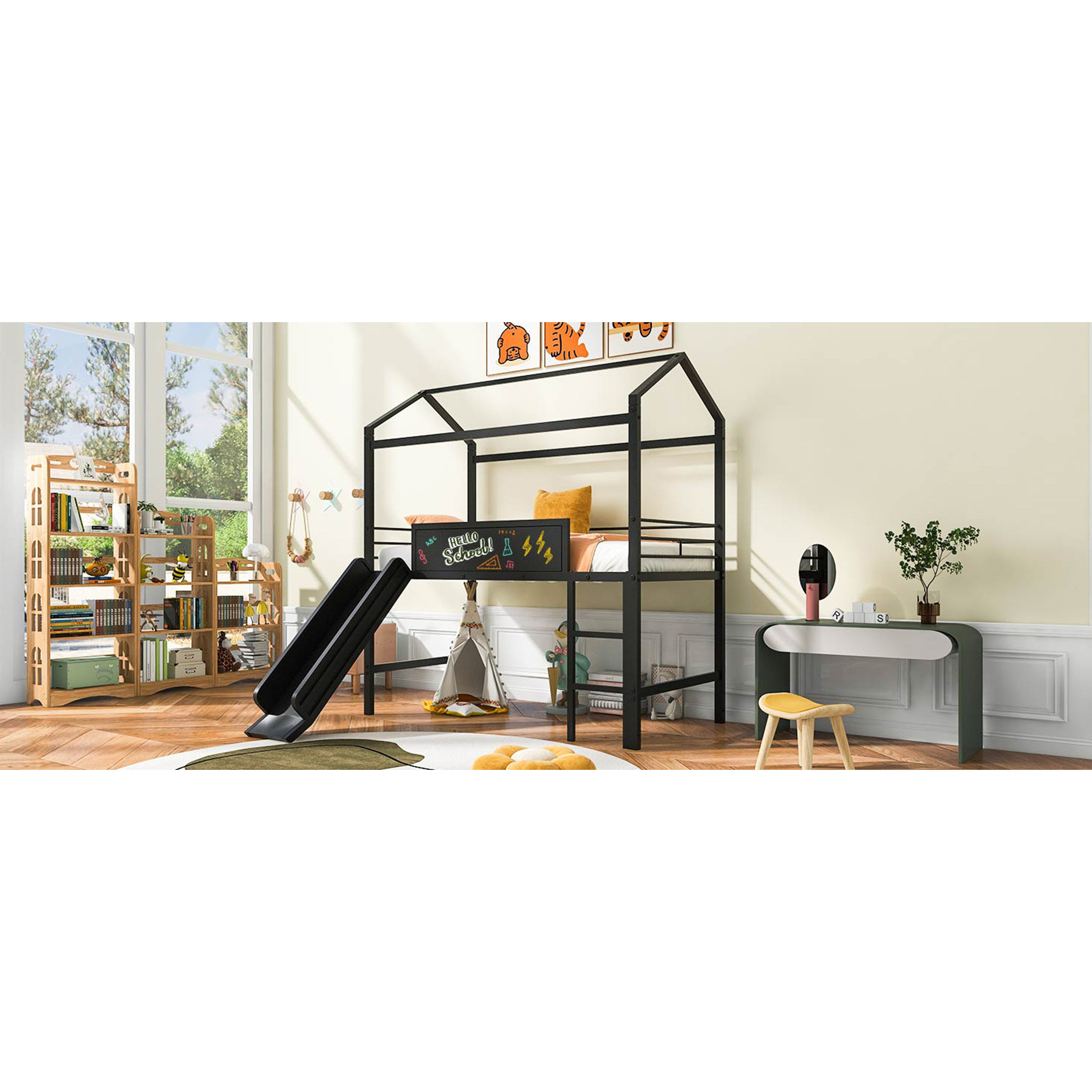 Ophelia & Co. Metal House Bed With Slide, Twin Size Metal Loft Bed with ...